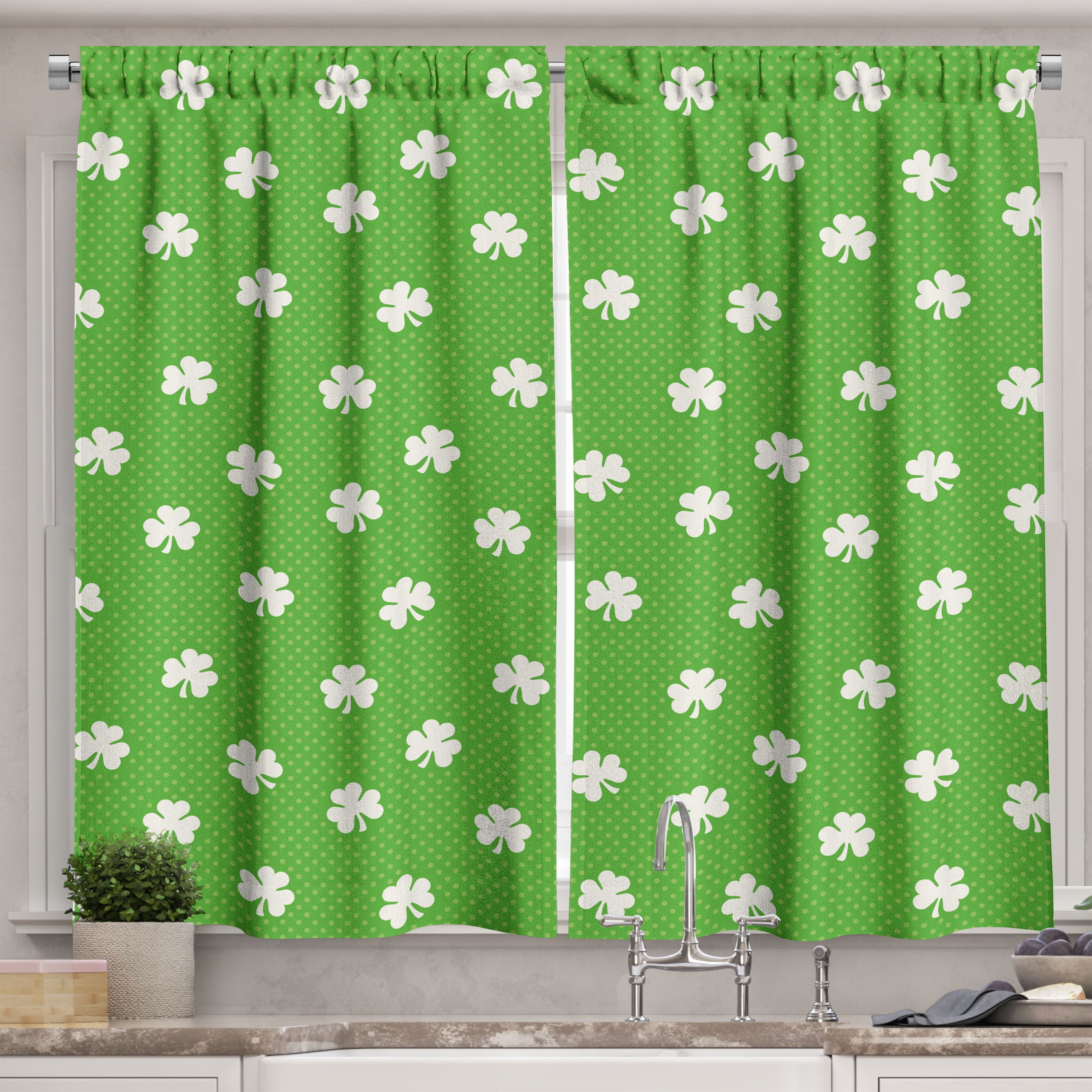 Ambesonne Irish Kitchen Curtains, Polka Dots and Shamrocks, 55"x39 ...