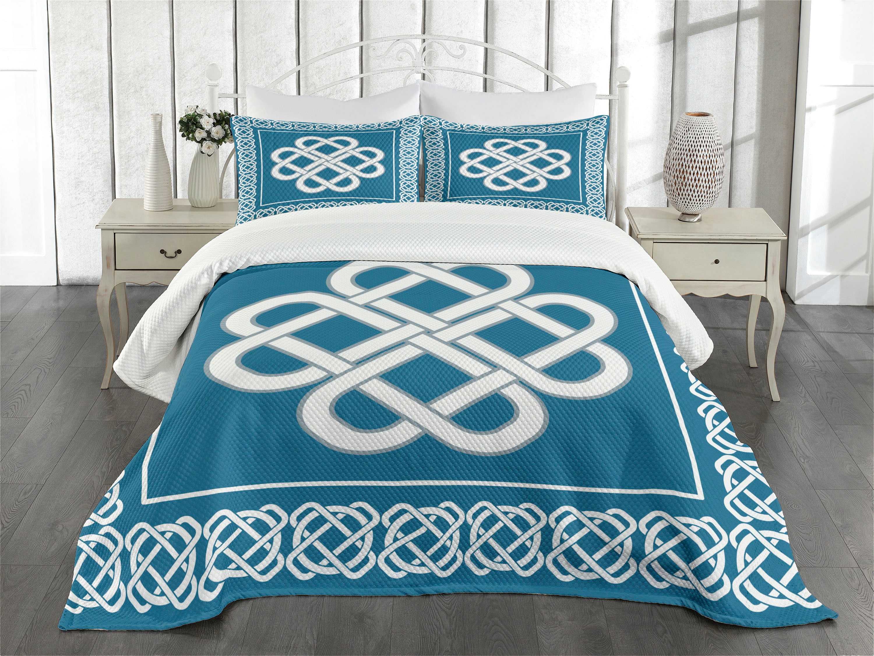Ambesonne King Size Quilted Bedspread Set, Celtic Love Knot, Dark Aqua ...