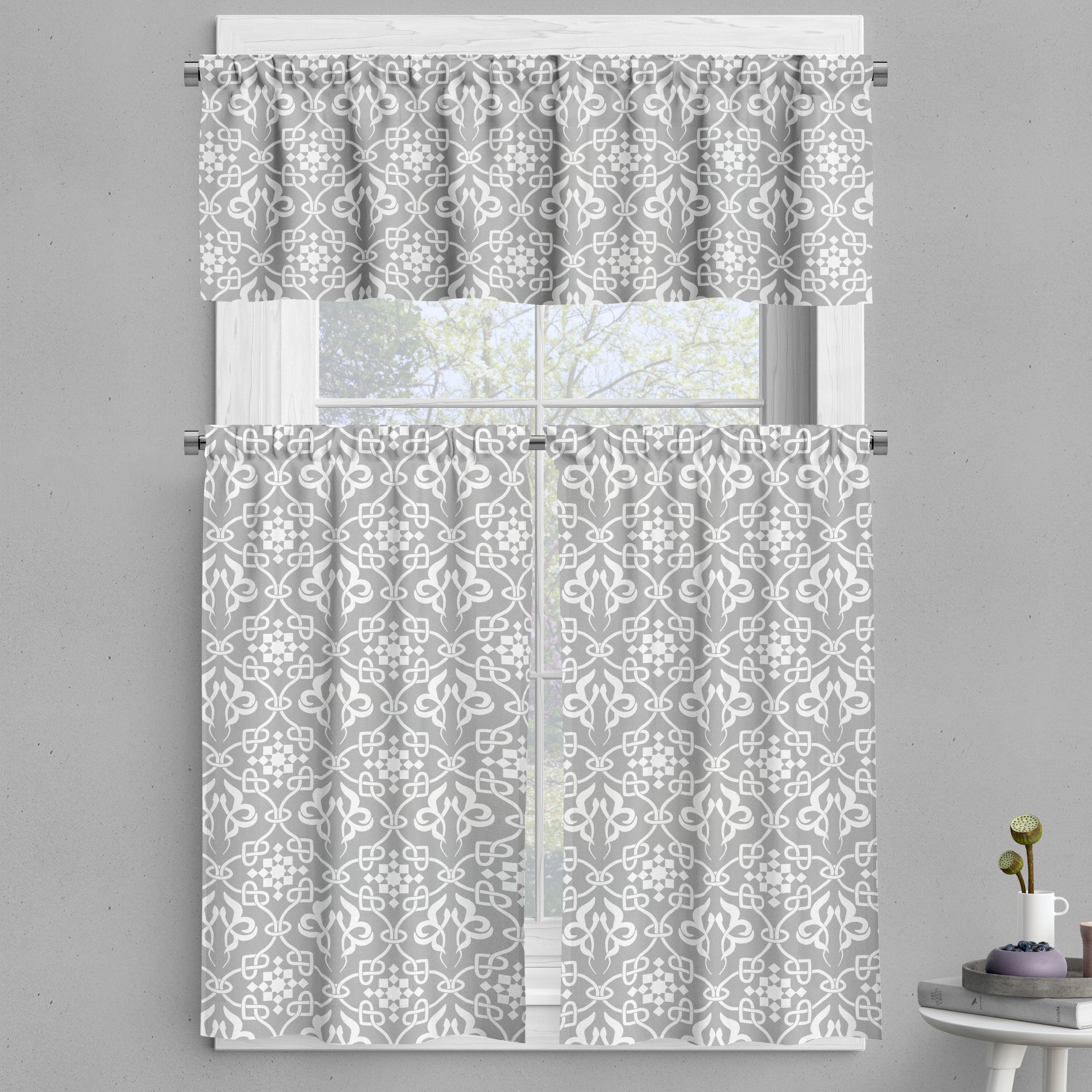 Ambesonne Irish Valance & Curtain, Royal Floral Curves Tile, 55"x30 ...