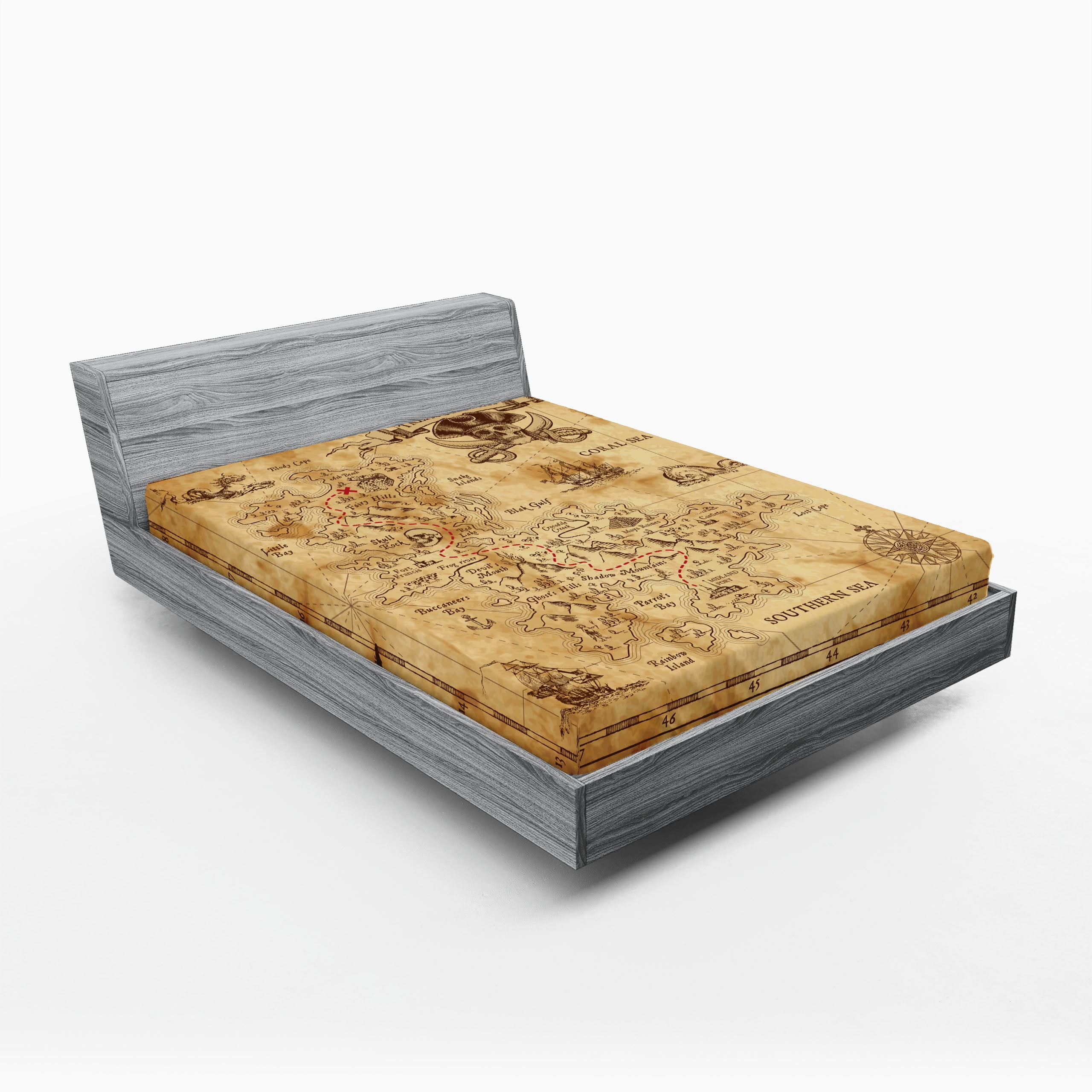 Ambesonne Island Fitted Sheet, Old Paper Treasure Map, Full Size, Beige ...