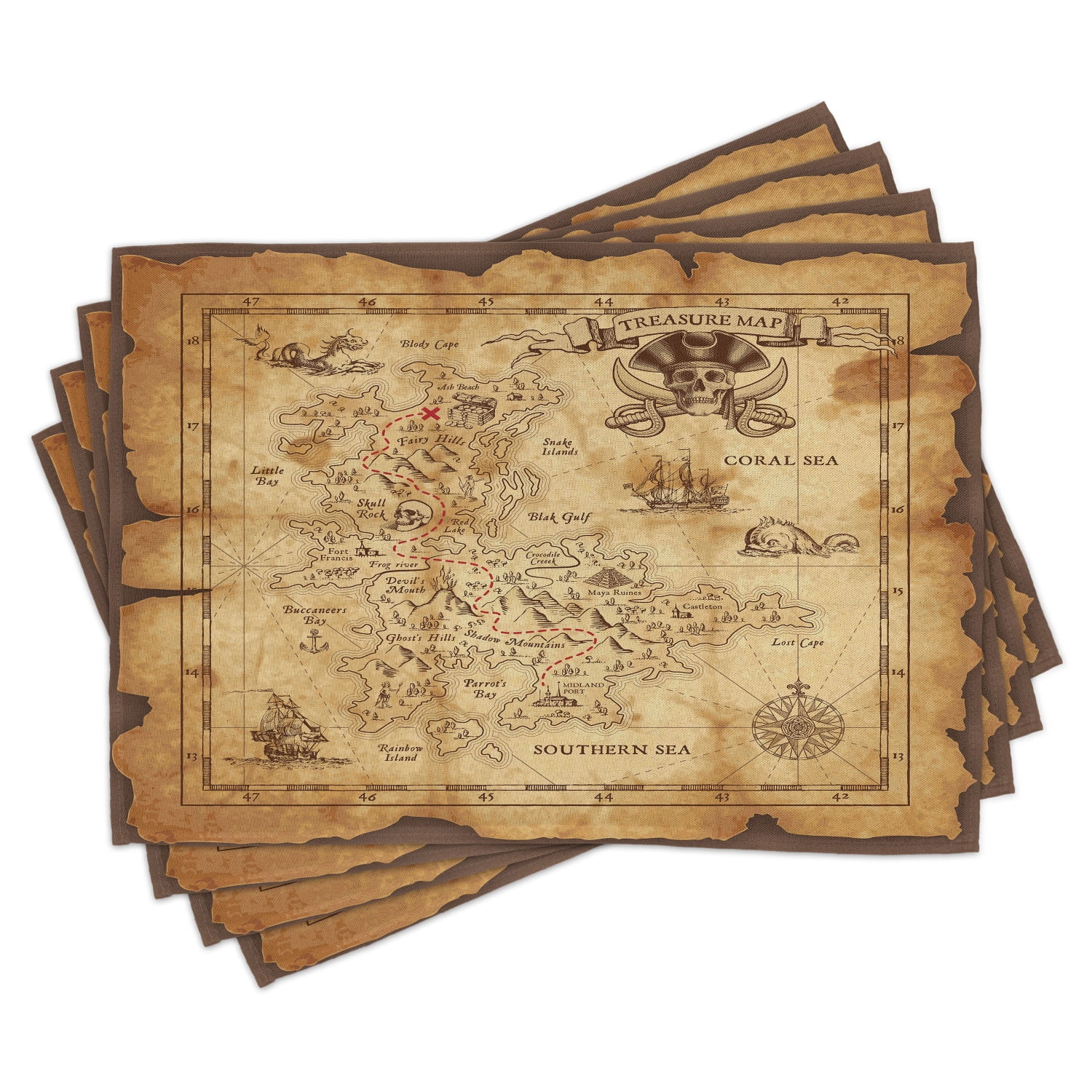 Ambesonne Island Place Mats Set of 4, Old Paper Treasure Map, Standard ...