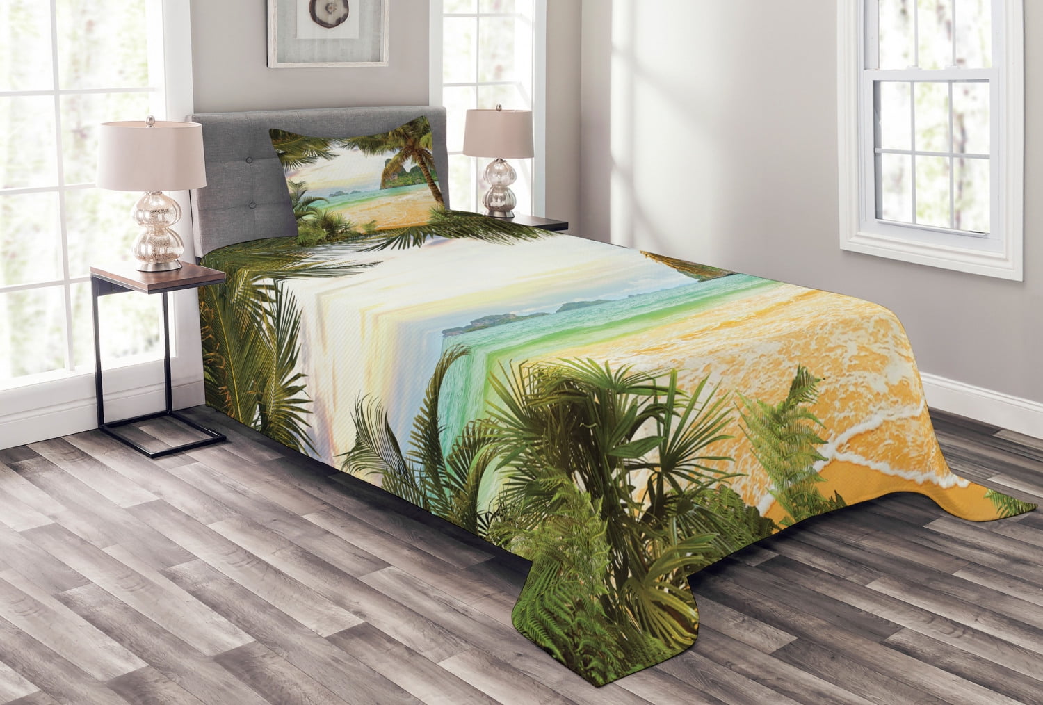 Ambesonne Island Quilted Bedspread Set 2 Pcs, Palm Coconut Trees Beach ...