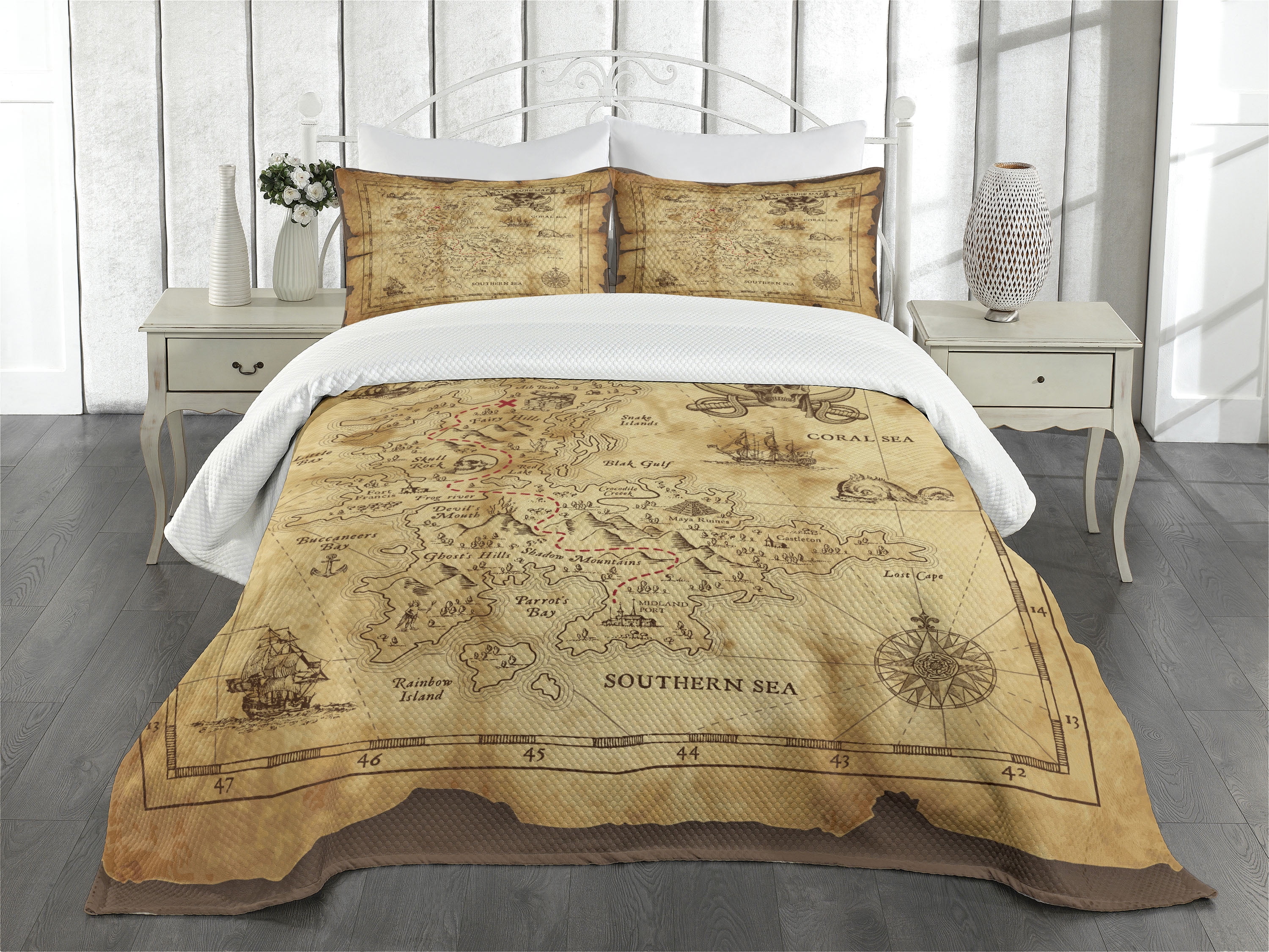 Ambesonne Island Quilted Bedspread Set 3 Pcs, Old Paper Treasure Map ...