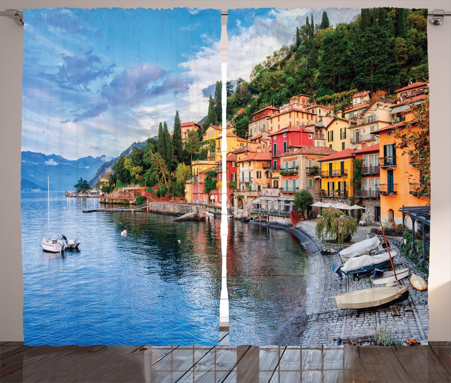 Ambesonne Italian Curtains 2 Panel Set, Yacht Boat Idyllic Town, 108" x ...