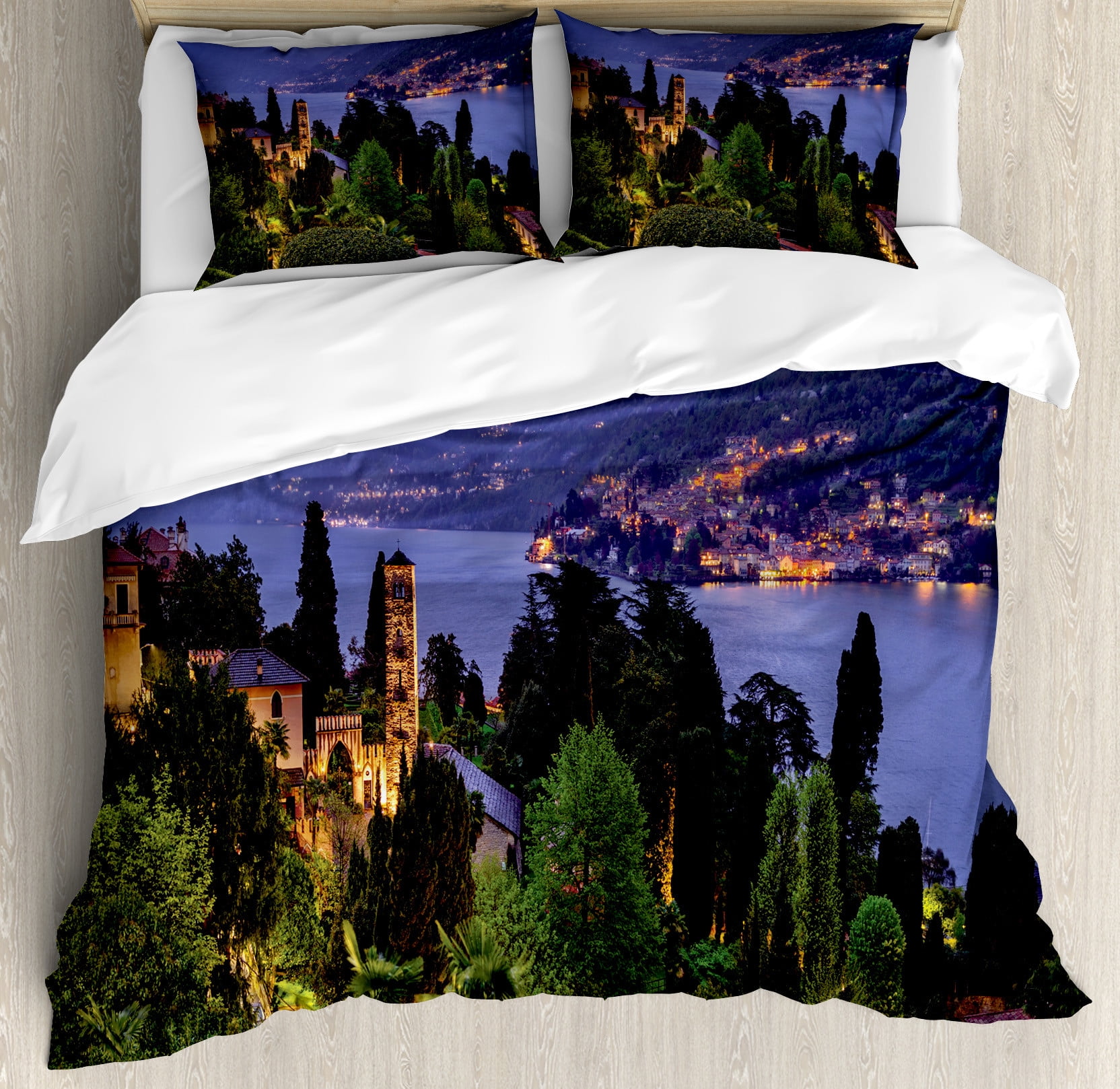 Ambesonne Italian Duvet Cover Set, Village Aerial Scenery, Queen, Blue ...