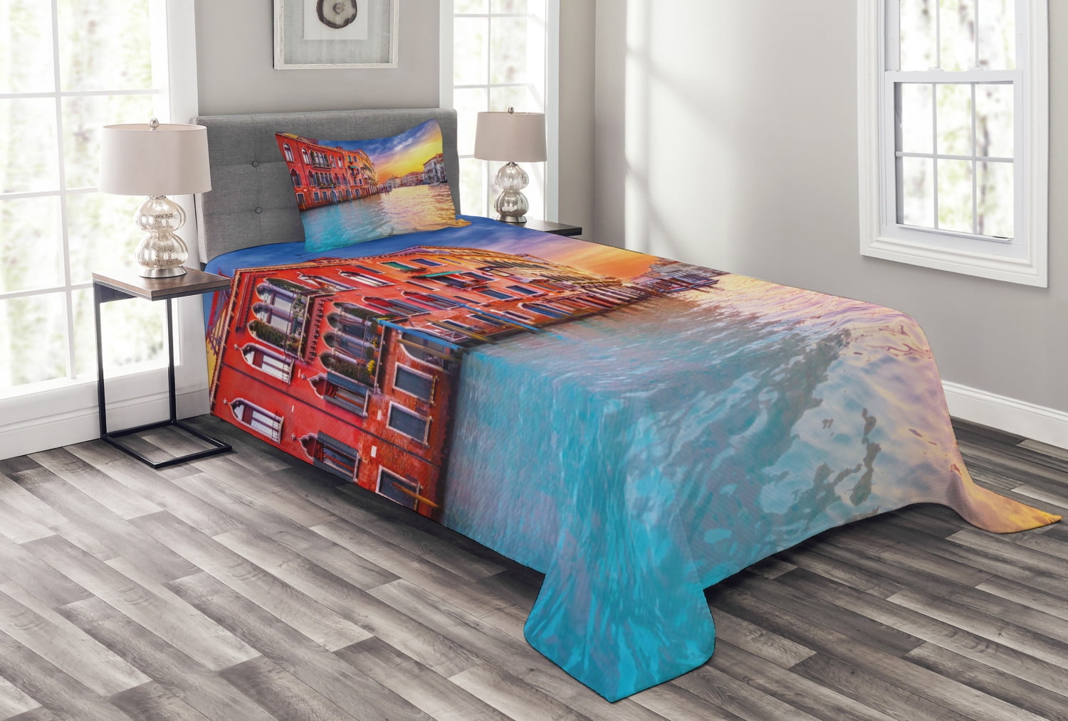 Ambesonne Italian Quilted Bedspread Set 2 Pcs, Venice Canal, Twin Size ...