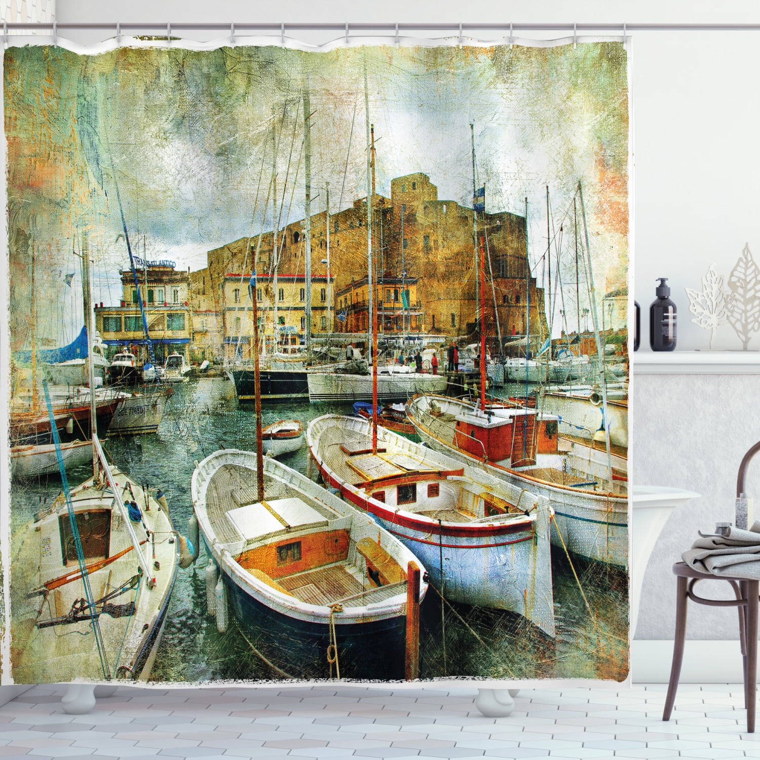 Ambesonne Italian Shower Curtain, Boats in Naples, 69"Wx70"L ...