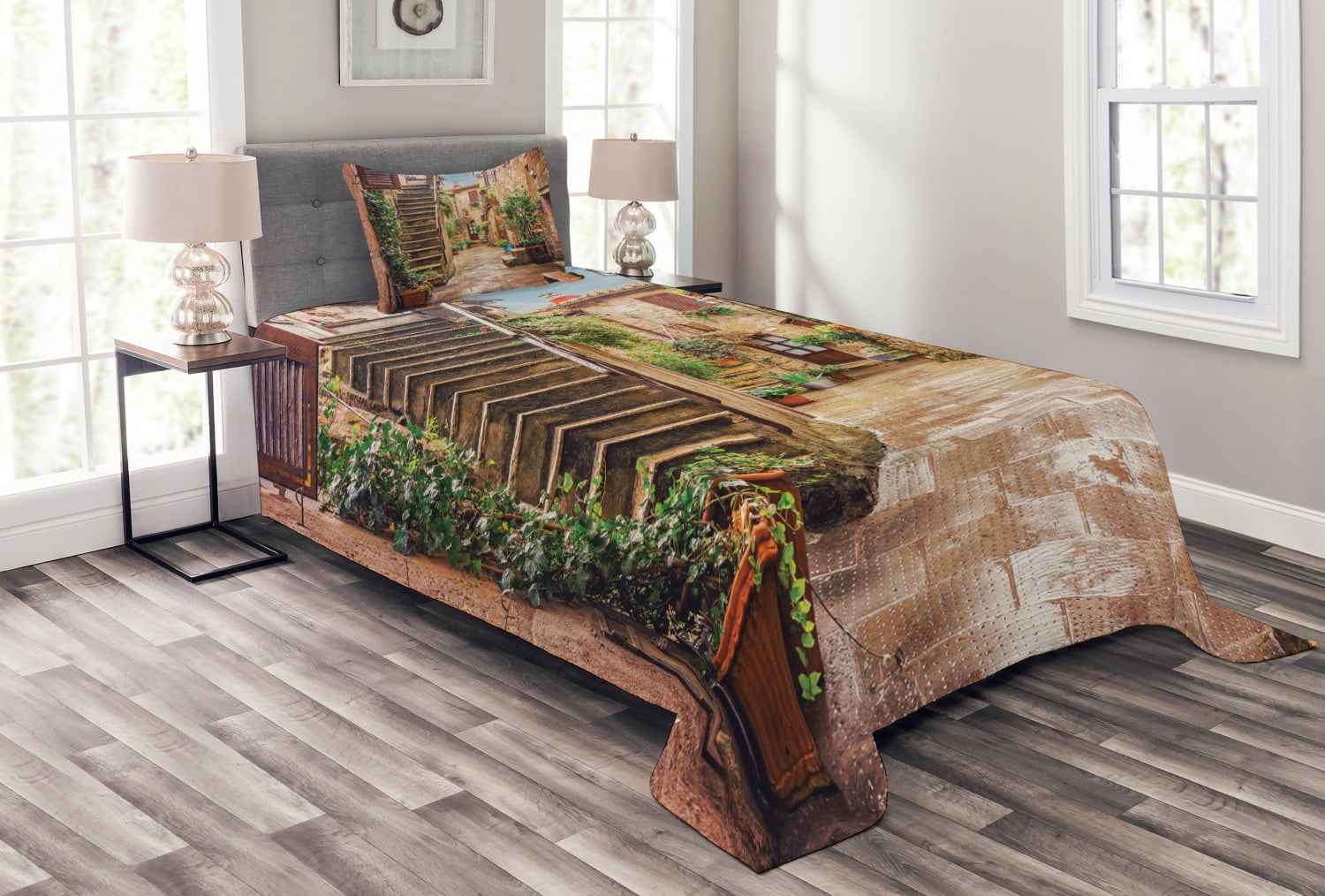 Ambesonne Italy Quilted Bedspread Set 2 Pcs, Old Stone Street Houses ...