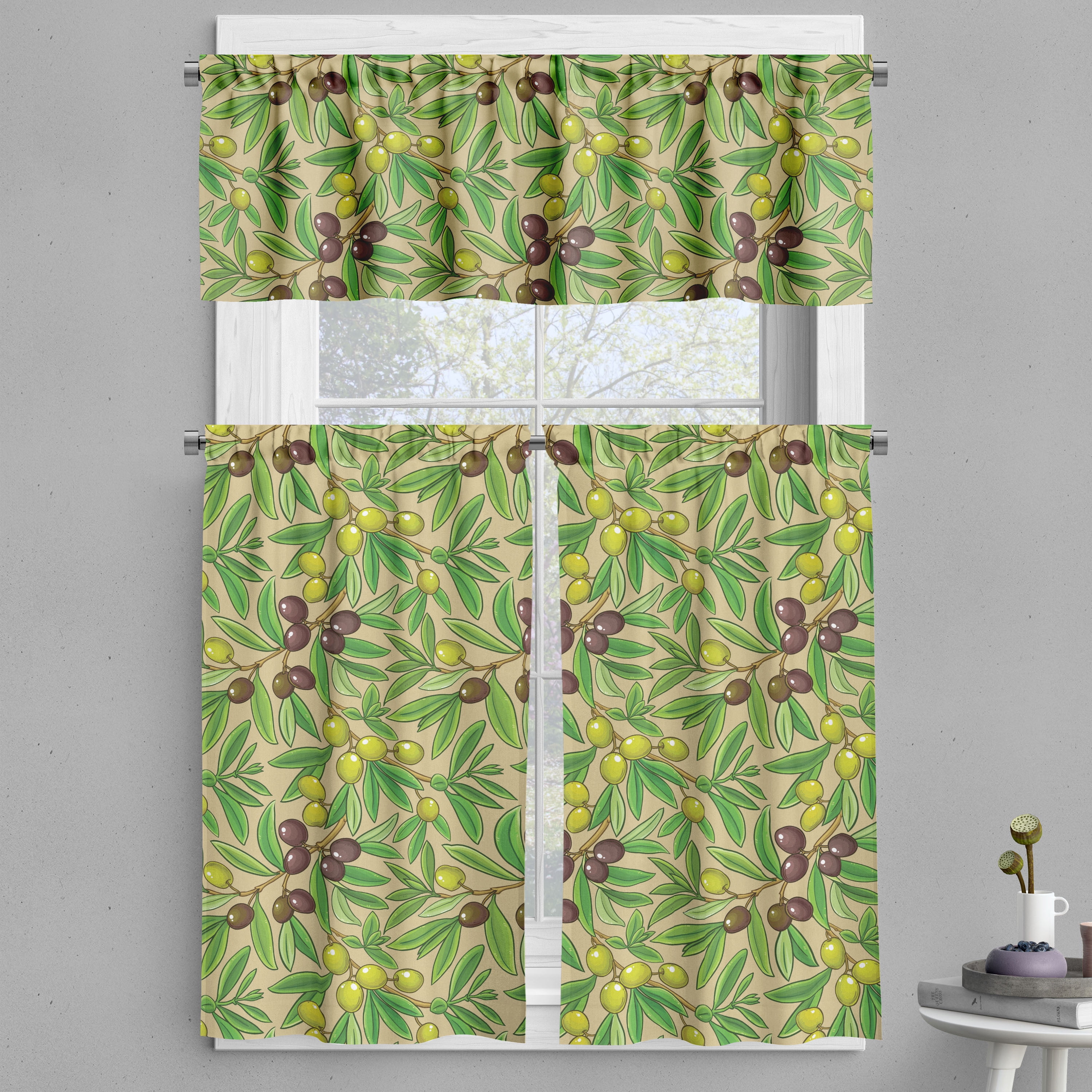 Ambesonne Italy Valance & Curtain, Mediterranean Olive Branches, 55"x36 ...