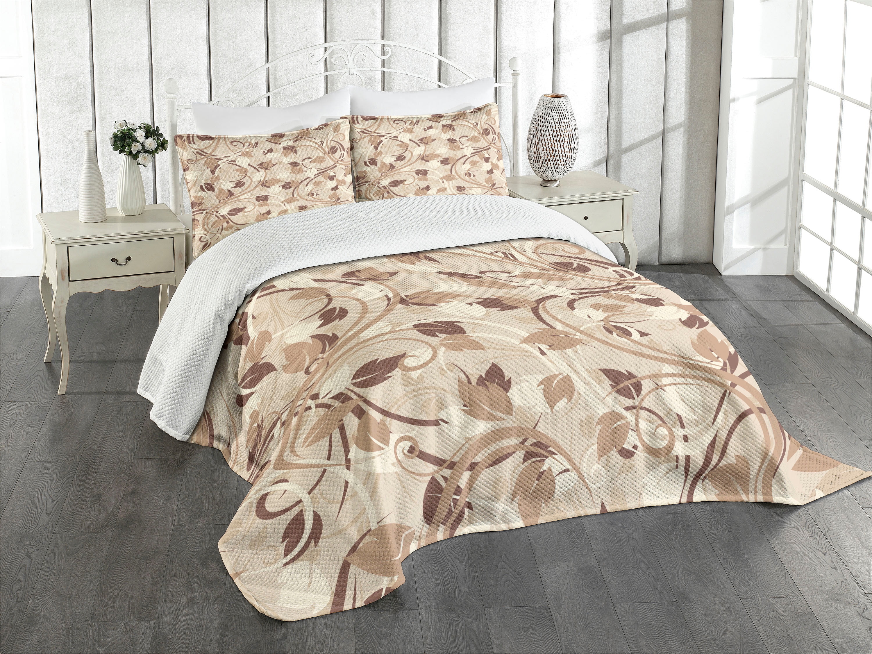 Ambesonne Ivory Quilted Bedspread Set 3 Pcs, Autumn Leaves Branches ...