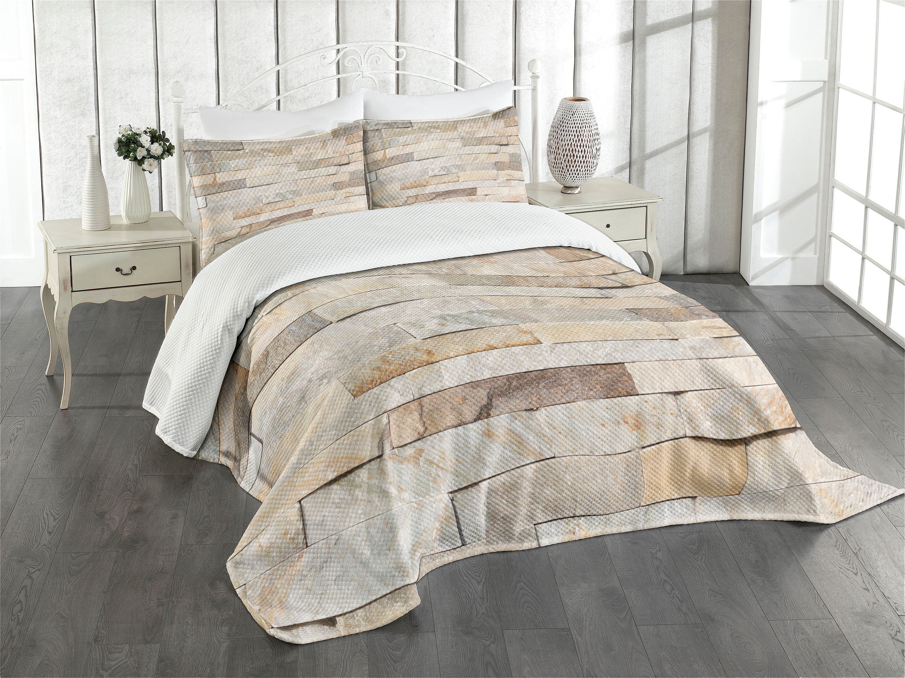 Ambesonne Ivory Quilted Bedspread Set 3 Pcs, Brick Wall City, King Size ...