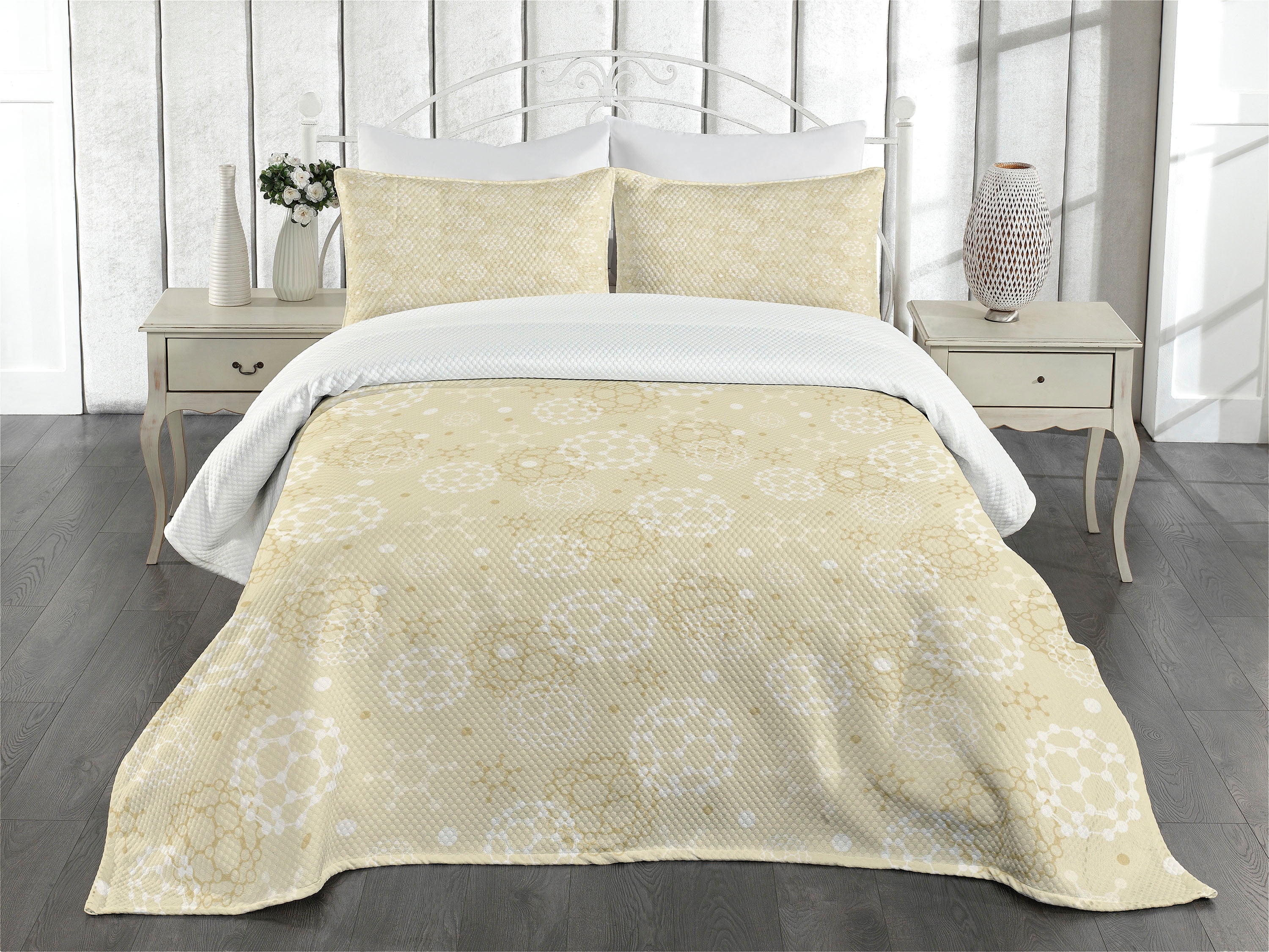 Ambesonne Ivory Quilted Bedspread Set 3 Pcs, Science Molecule Motif ...