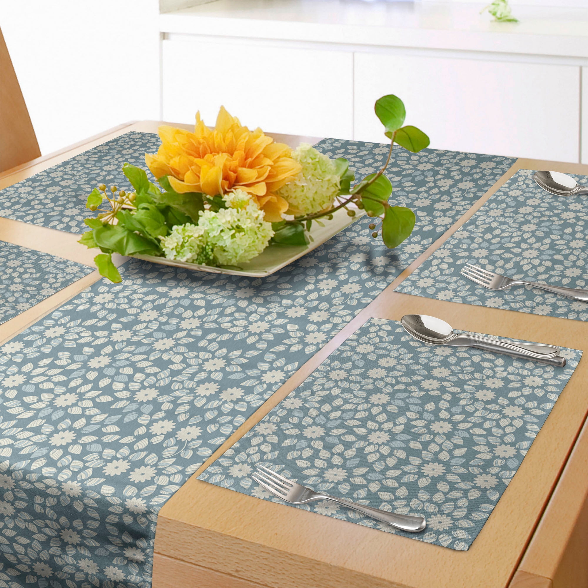 Ambesonne Ivory and Blue Table Runner & Placemats, Nature Floral Petals ...