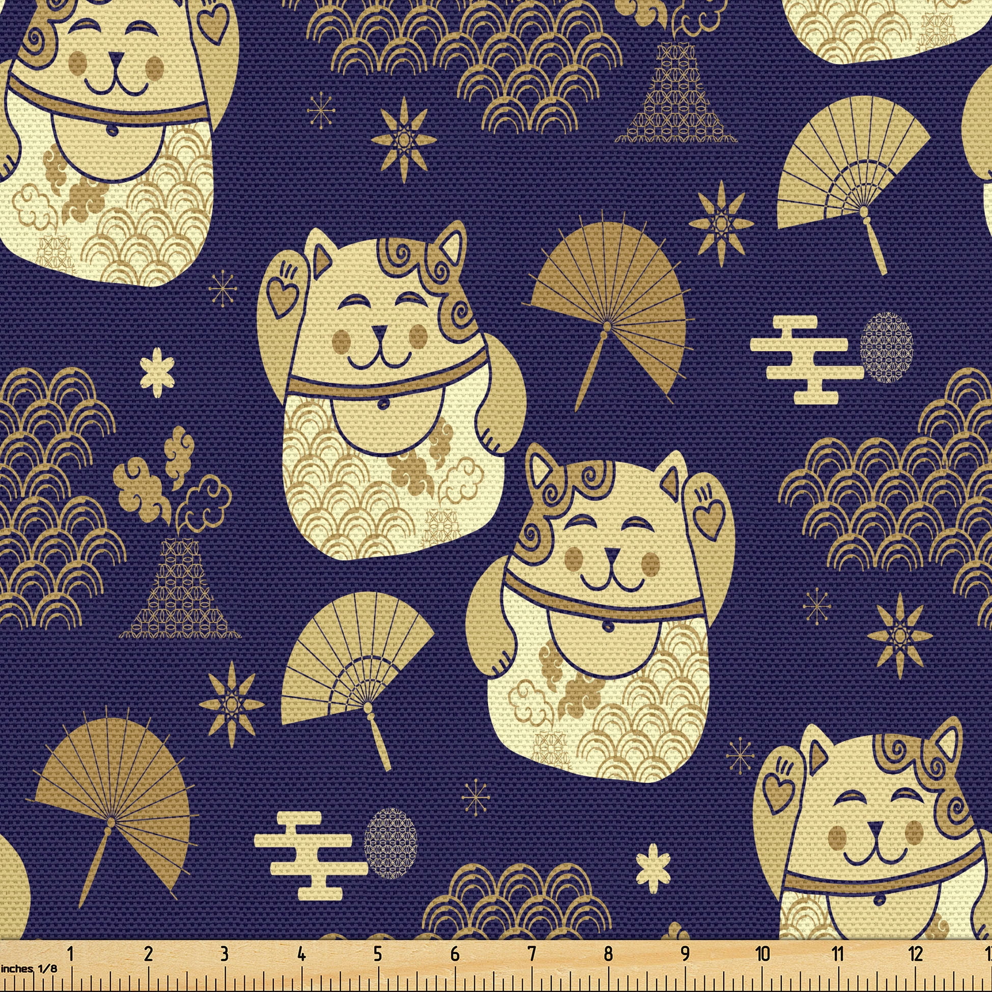 Ambesonne Japanese Cat Fabric by the Yard Upholstery, Night Theme Lucky ...