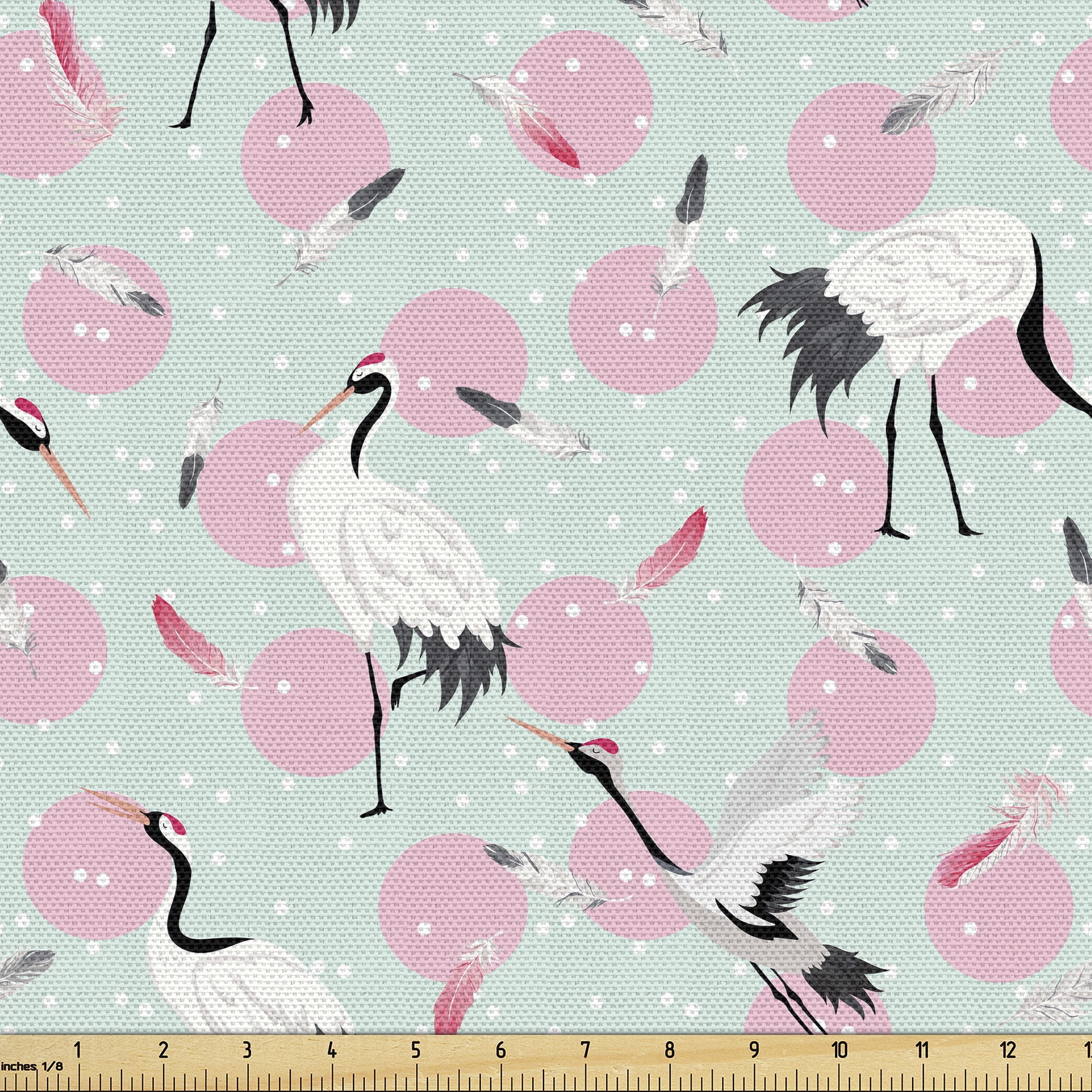 Ambesonne Japanese Fabric by the Yard Upholstery, Crane Birds Polka ...