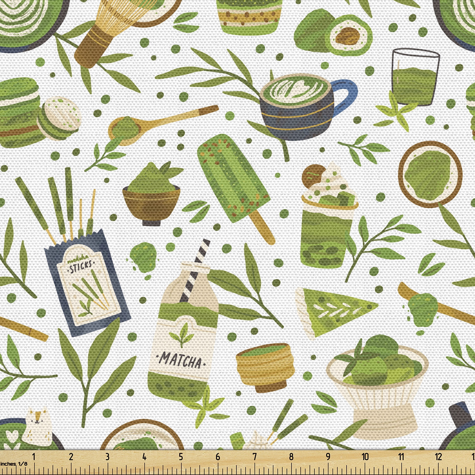 Ambesonne Japanese Fabric by the Yard Upholstery, Matcha Powder Leaves ...