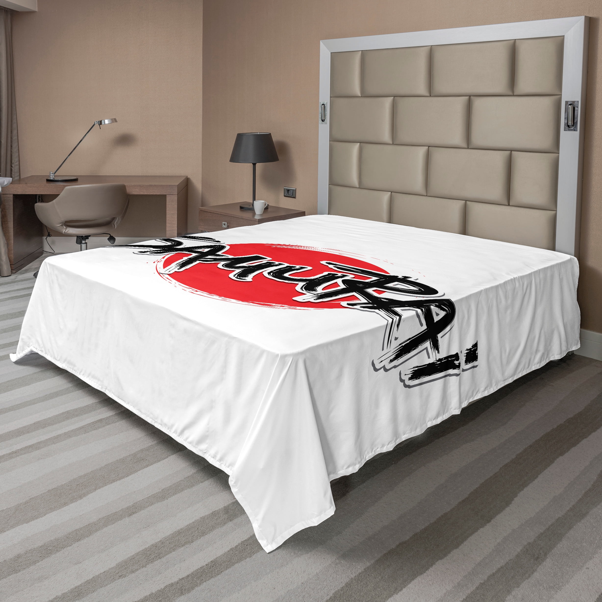 Ambesonne Japanese Flat Sheet, Samurai Lettering Sun, Queen Size, Red ...