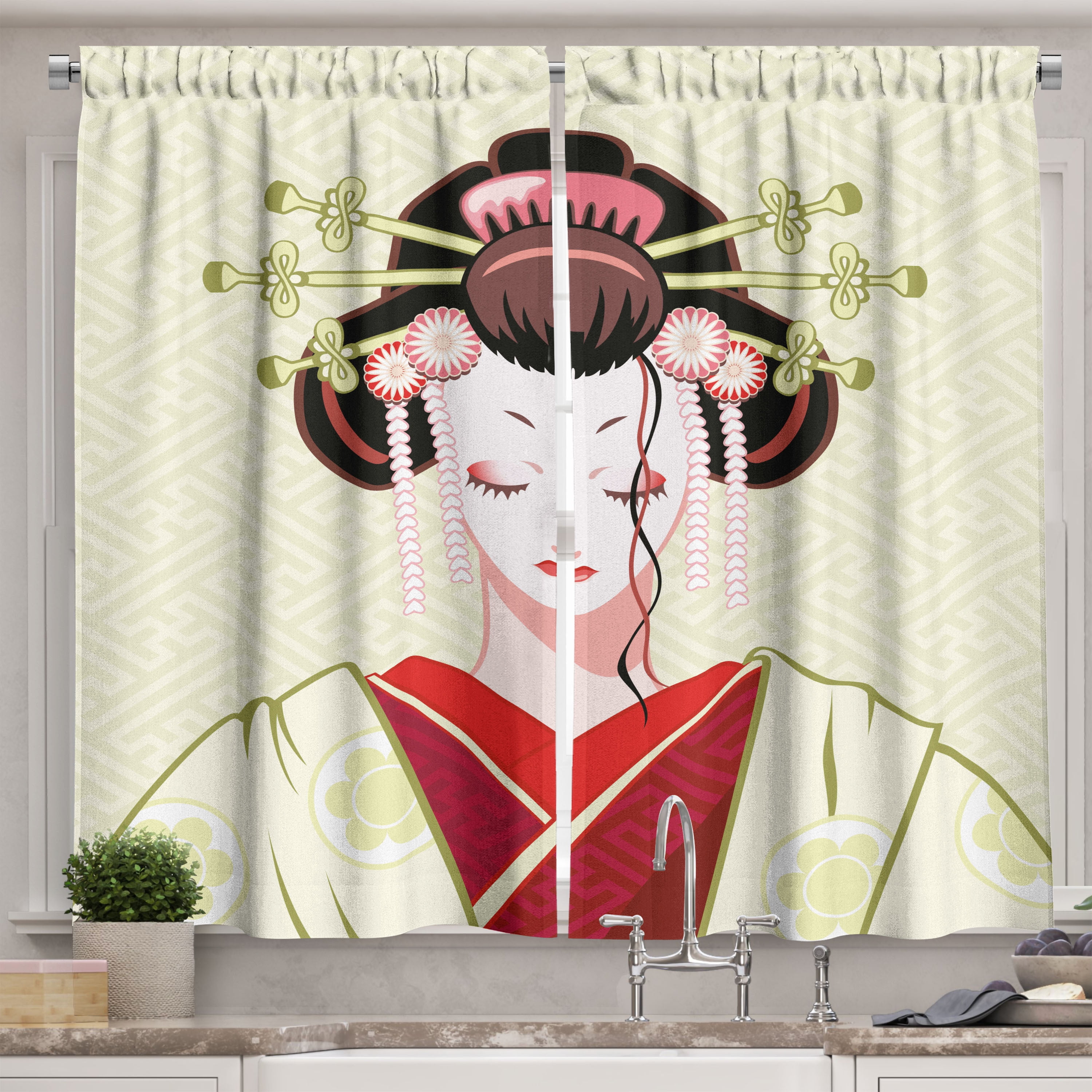 Ambesonne Japanese Kitchen Curtains, Geisha Woman Portrait, 55"x39 ...
