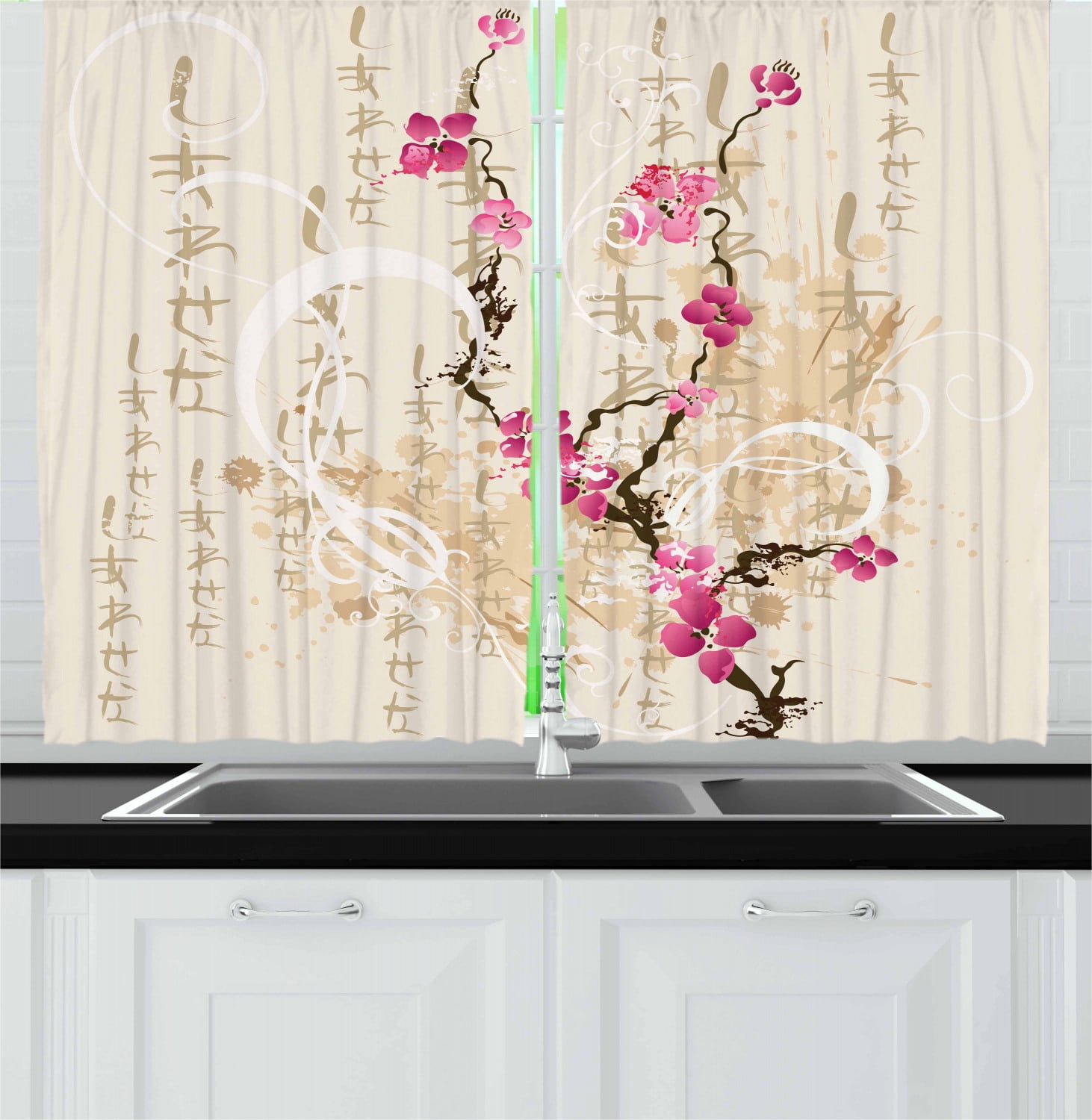 Ambesonne Japanese Kitchen Curtains, Letters Sakura Flowers, 55"x39 ...