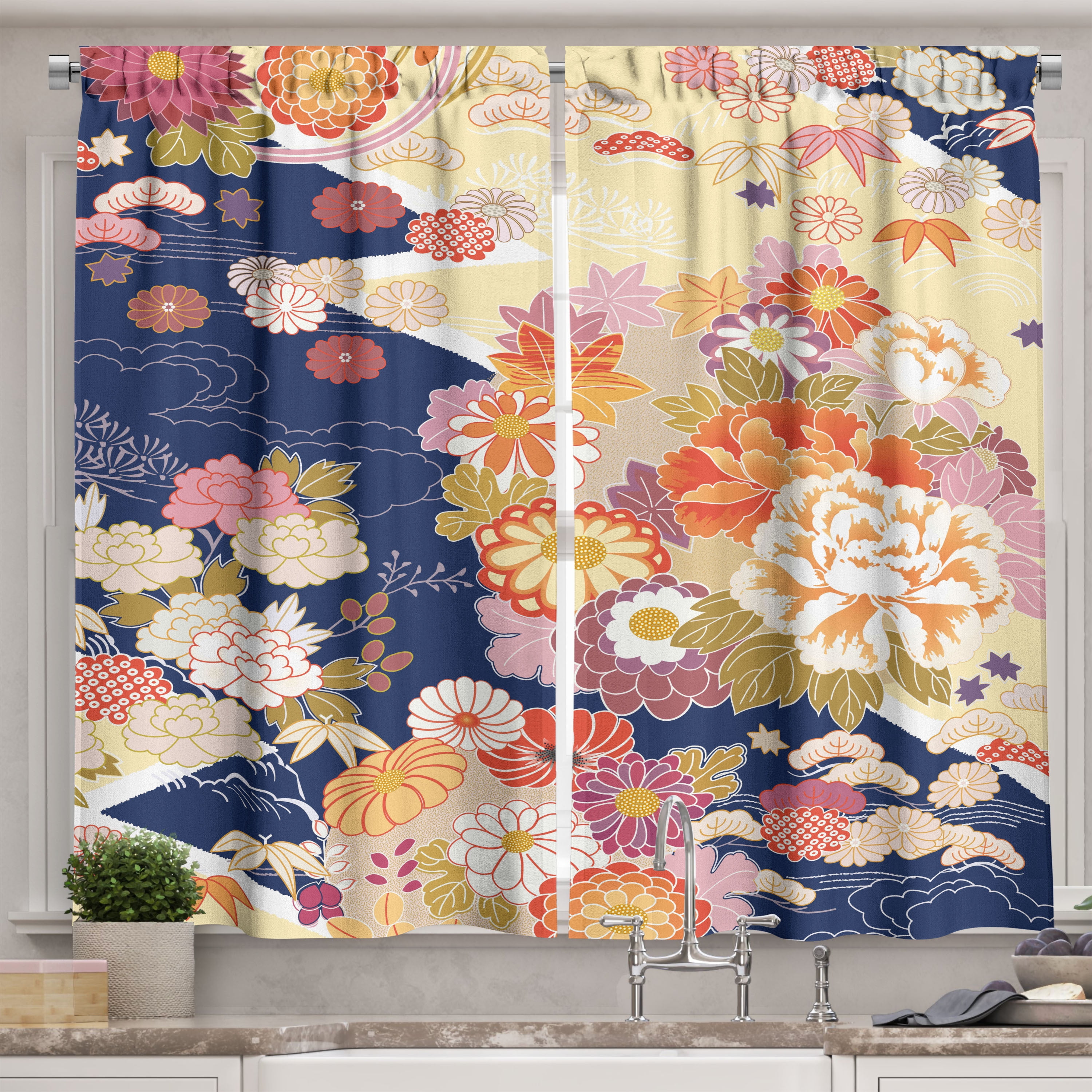 Ambesonne Japanese Kitchen Curtains, Traditional Flowers, 55"x39 ...