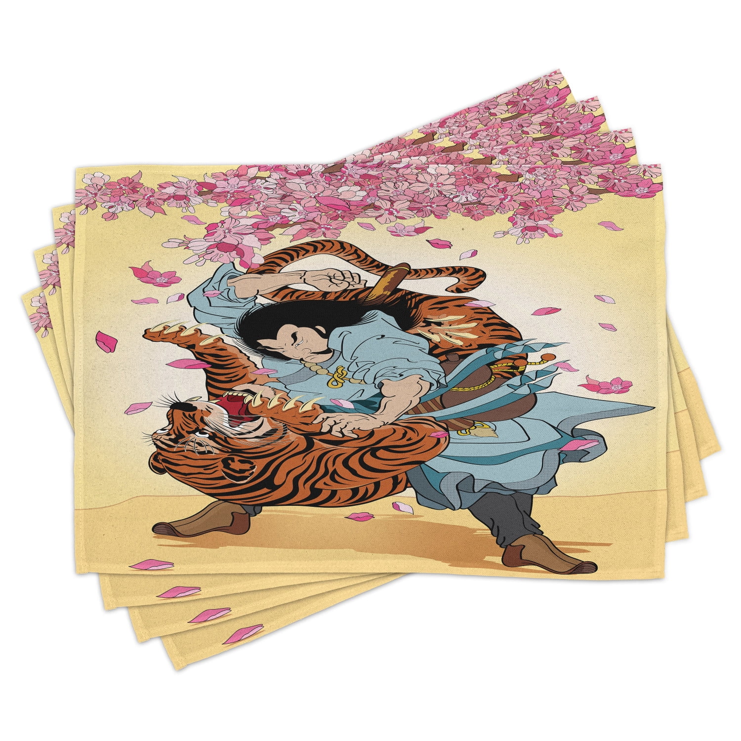 Ambesonne Japanese Place Mats Set of 4, Samurai and Tiger, Standard ...
