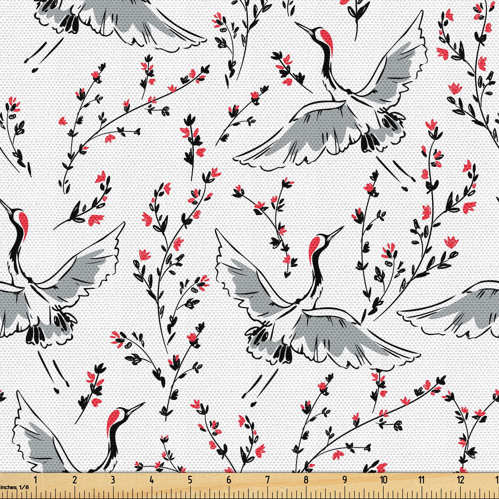 Ambesonne Japanese Print Fabric by the Yard Upholstery, Crane Birds ...