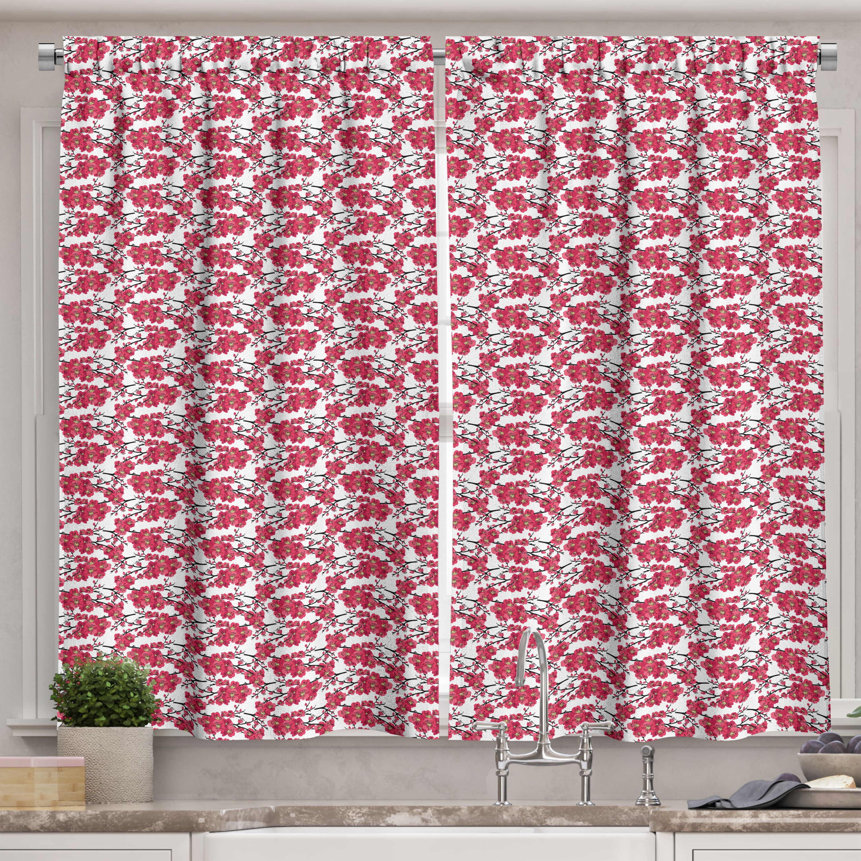 Ambesonne Japanese Print Kitchen Curtains, Spring Cherry Art, 55"x30 ...