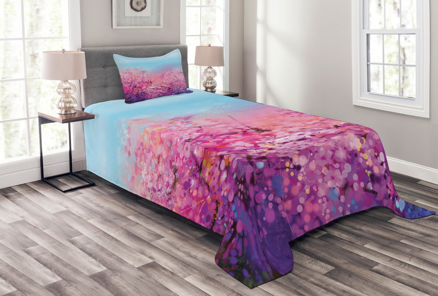 Ambesonne Japanese Quilted Bedspread Set 2 Pcs, Cherry Spring Theme ...