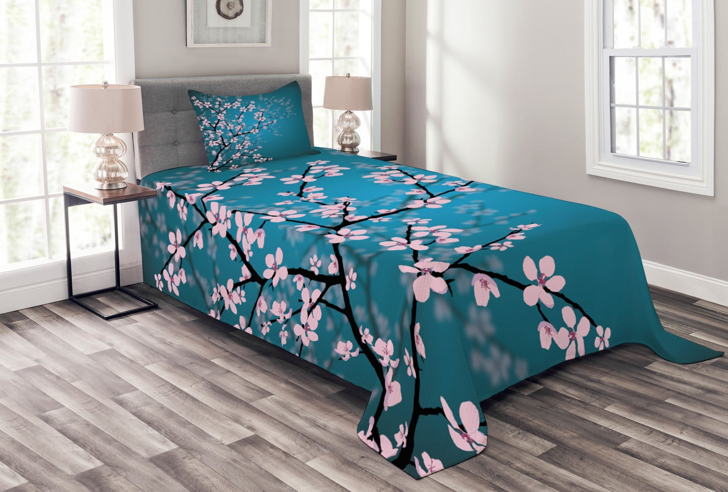 Ambesonne Japanese Quilted Bedspread Set 2 Pcs, Sakura Bloom Pattern ...