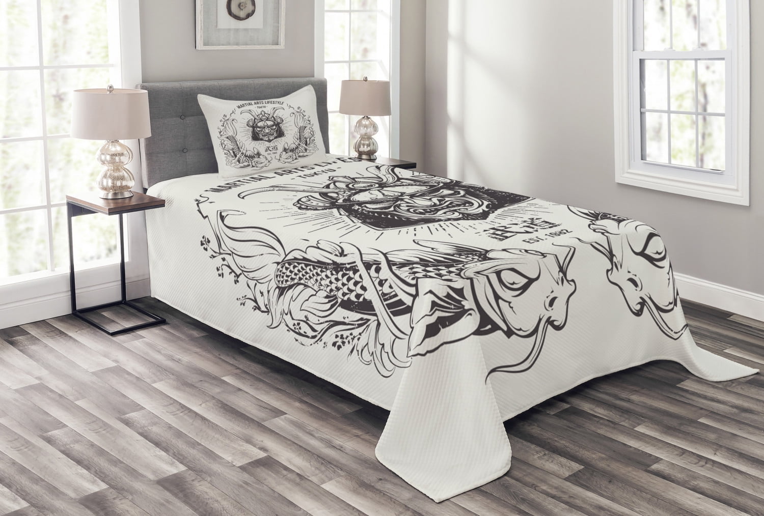 Ambesonne Japanese Quilted Bedspread Set 2 Pcs, Samurai Koi, Twin Size ...