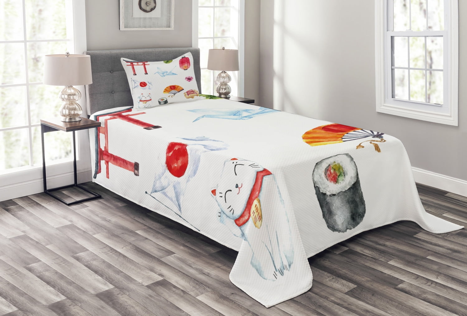 Ambesonne Japanese Quilted Bedspread Set 2 Pcs, Watercolors Asian Folk ...