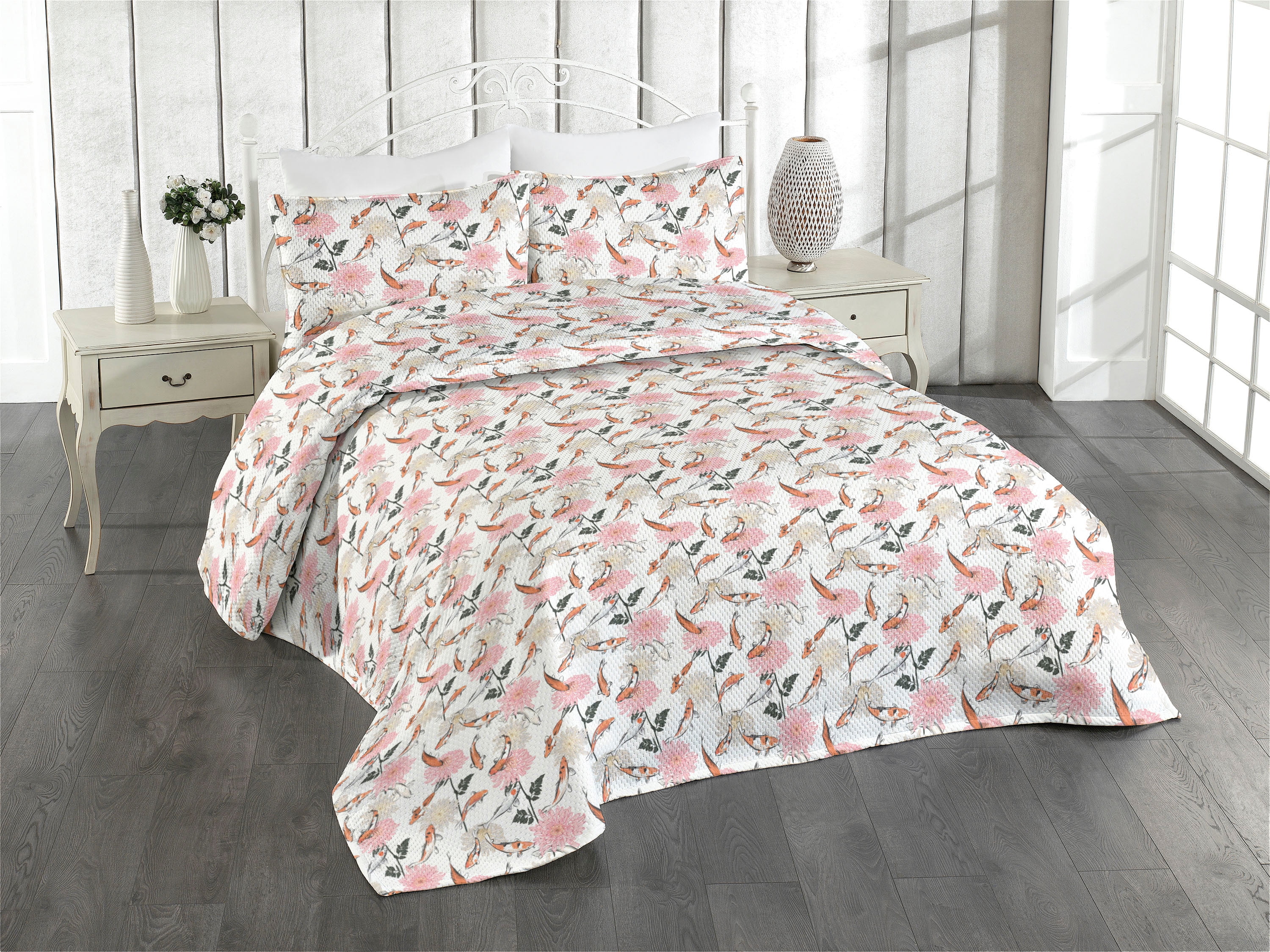 Ambesonne Japanese Quilted Bedspread Set 3 Pcs, Asian Underwater Koi ...