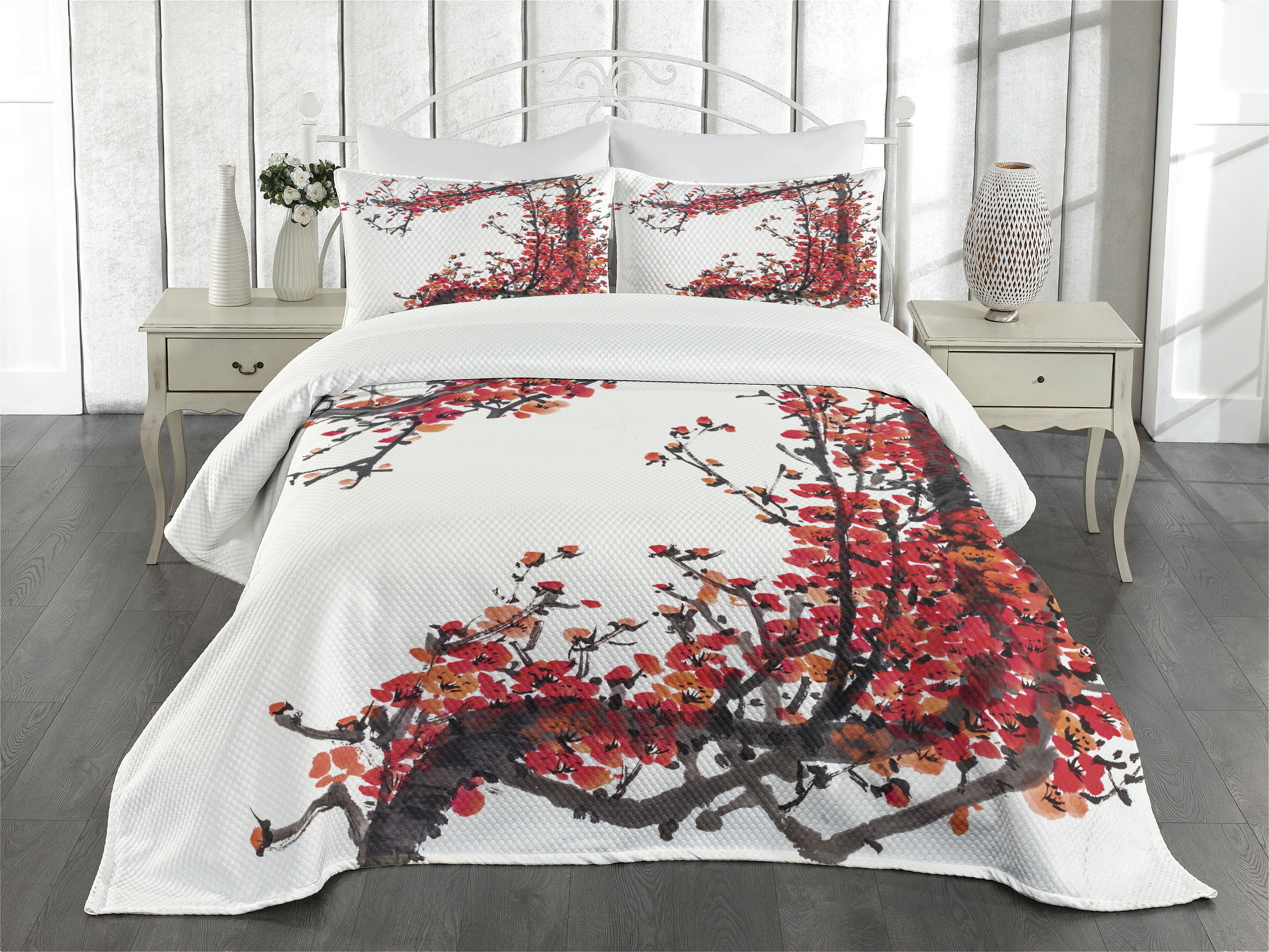 Ambesonne Japanese Quilted Bedspread Set 3 Pcs, Blossom Cherry Sakura ...