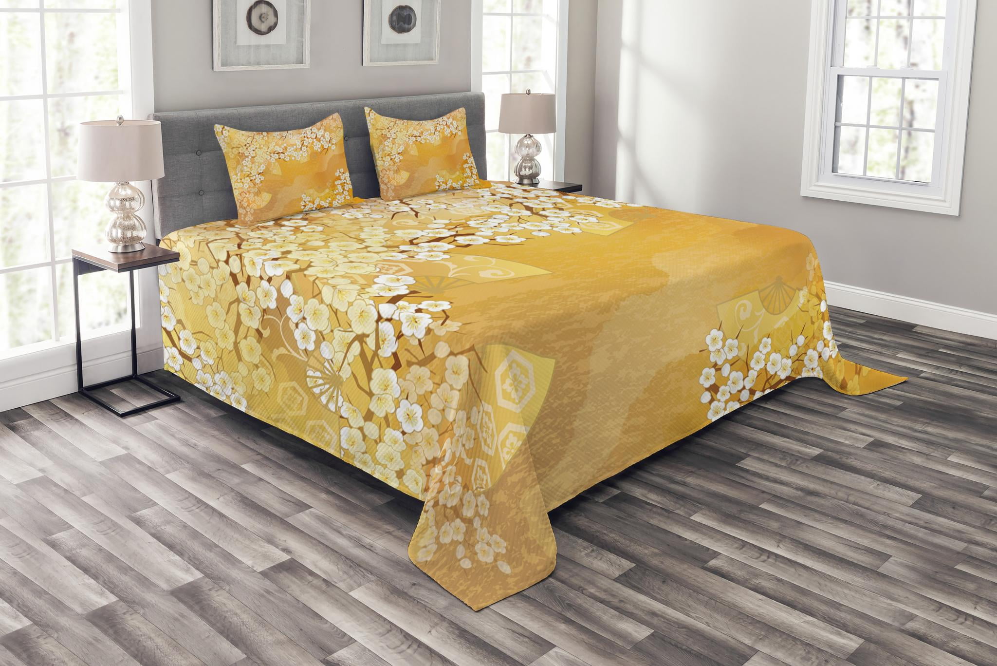 Ambesonne Japanese Quilted Bedspread Set 3 Pcs, Cherry Blossoms Layout ...