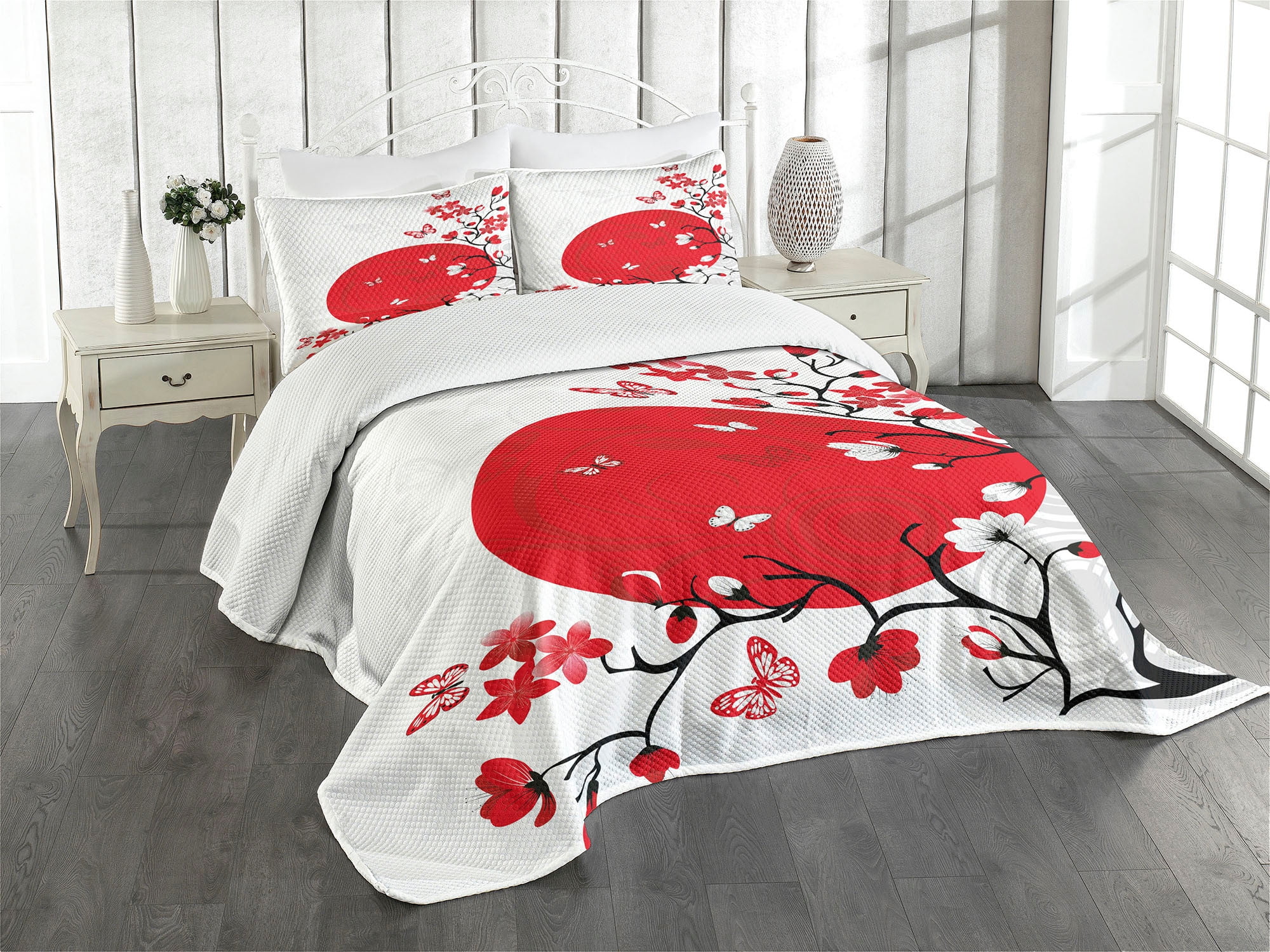 Ambesonne Japanese Quilted Bedspread Set 3 Pcs, Cherry Sakura Trees ...