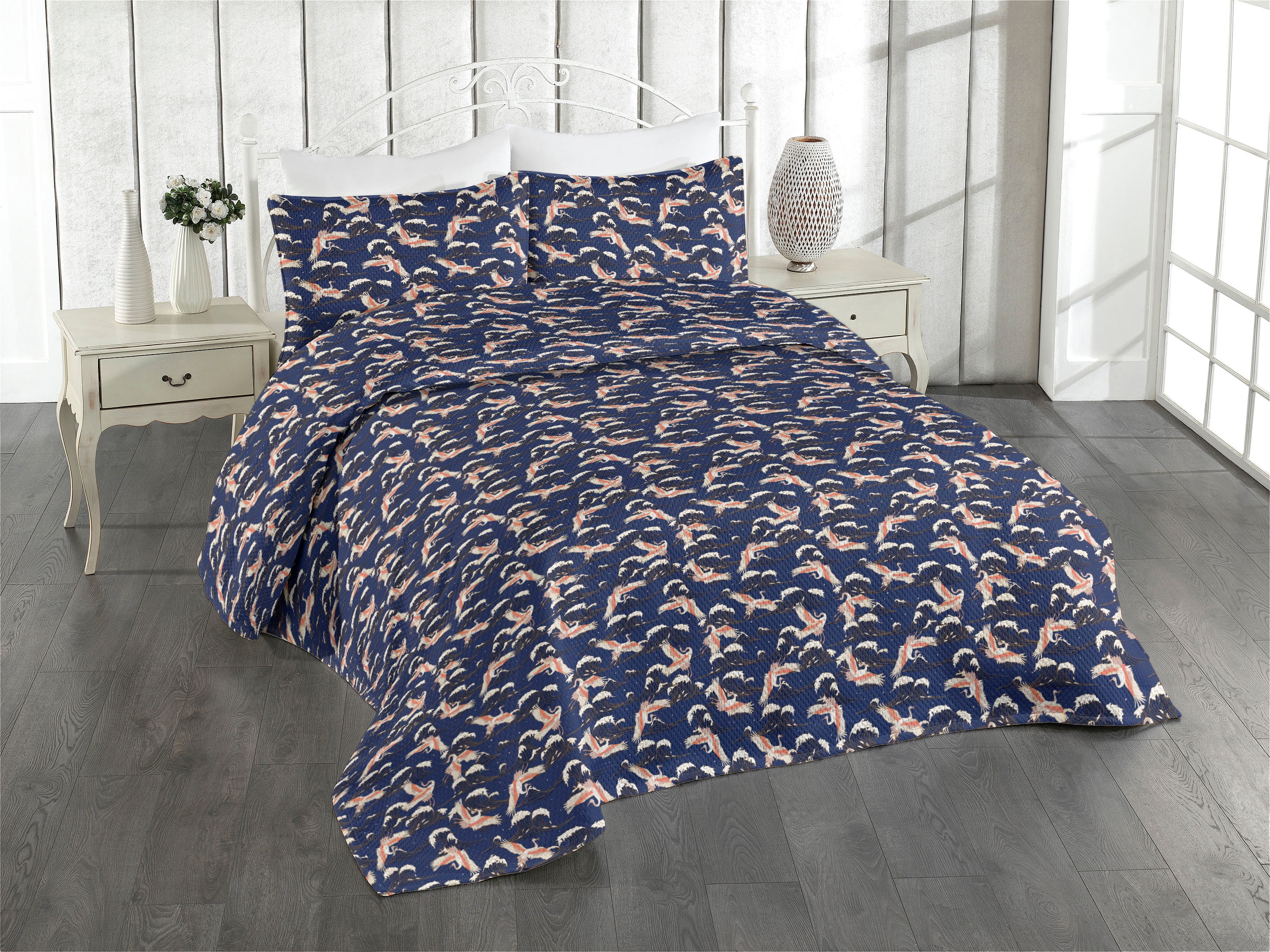 Ambesonne Japanese Quilted Bedspread Set 3 Pcs, Crane Birds Asian ...