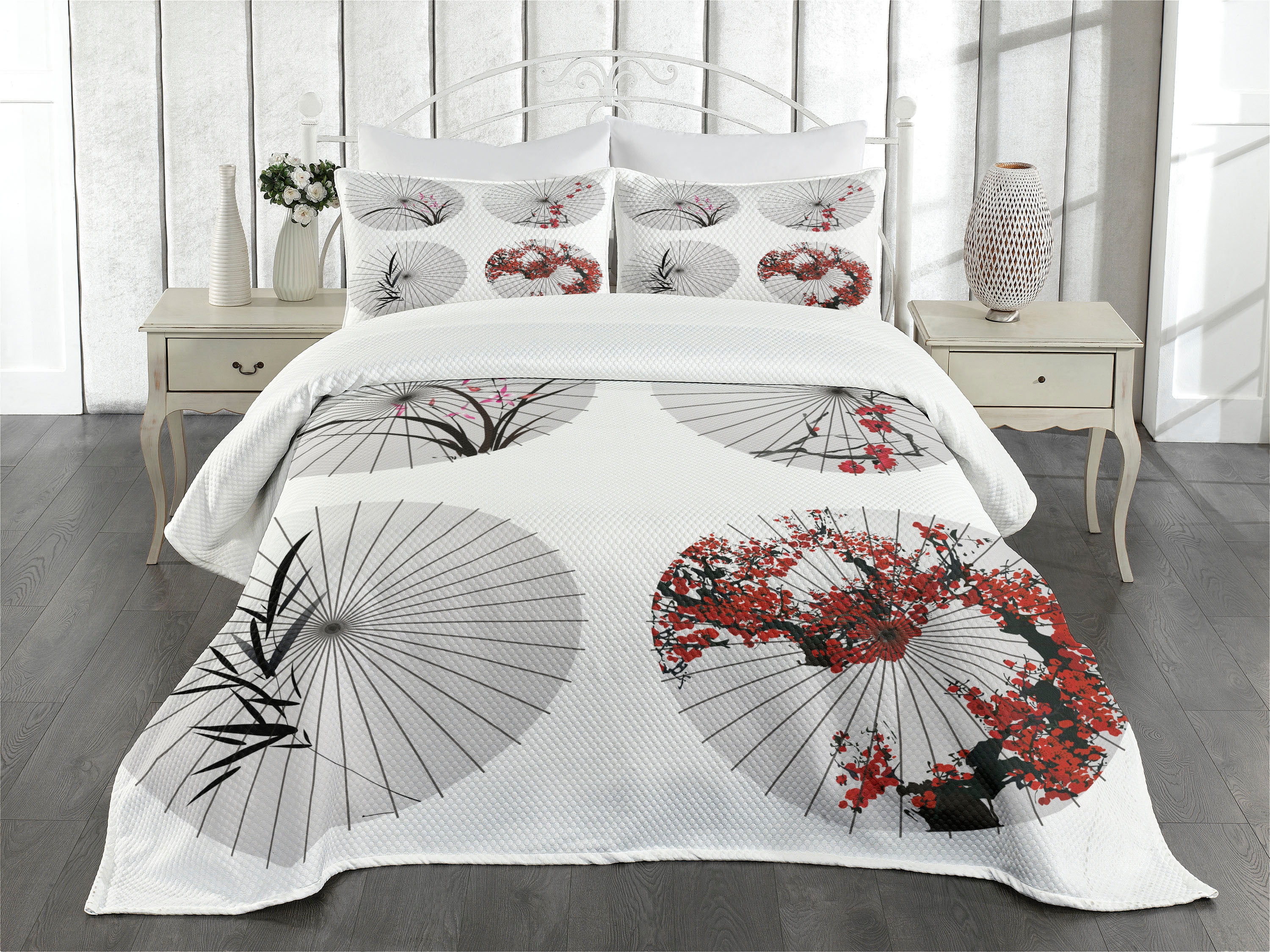 Ambesonne Japanese Quilted Bedspread Set 3 Pcs, Floral Art on Umbrella ...