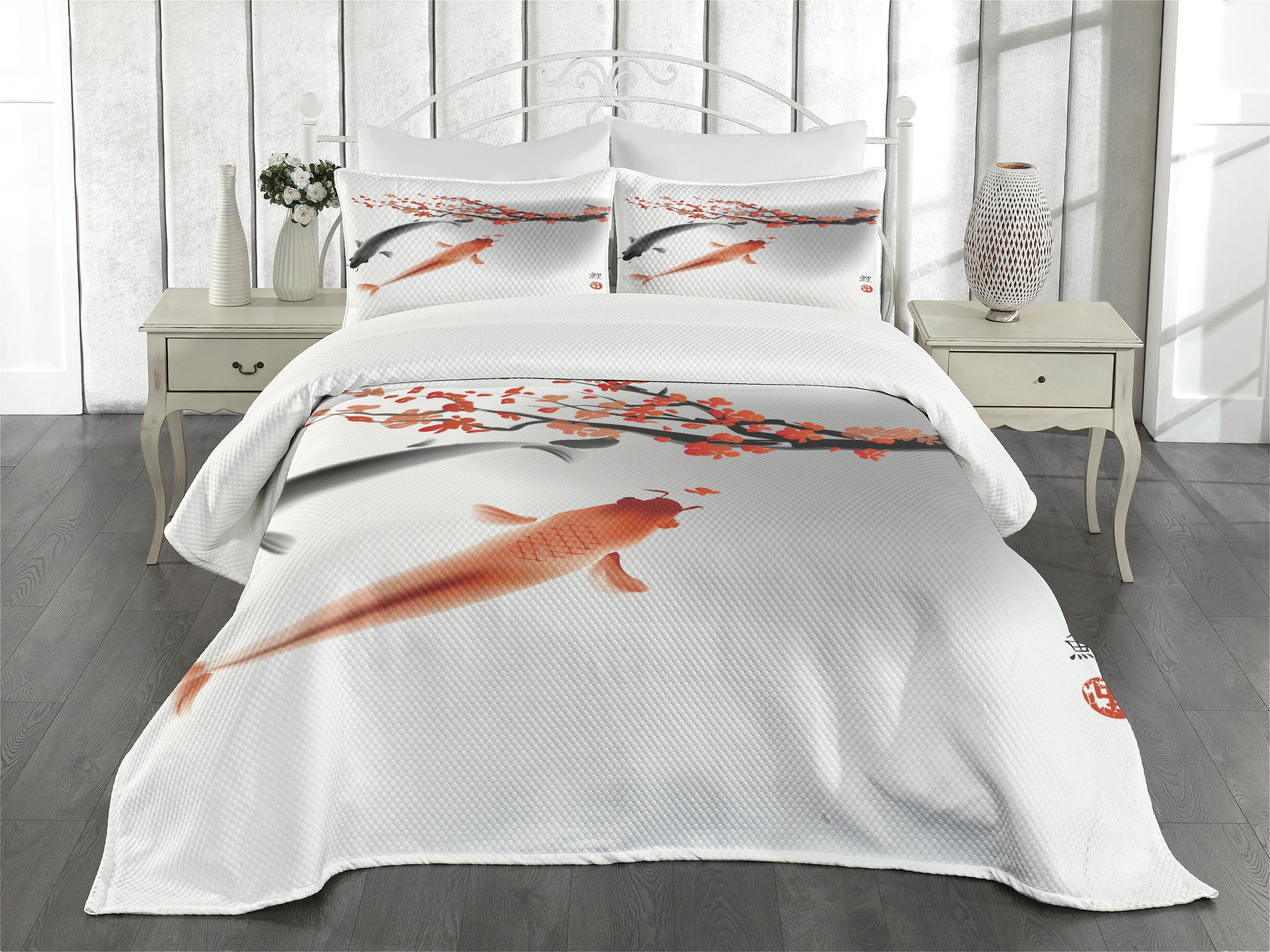 Ambesonne Japanese Quilted Bedspread Set 3 Pcs, Koi Carp Fish Couple ...