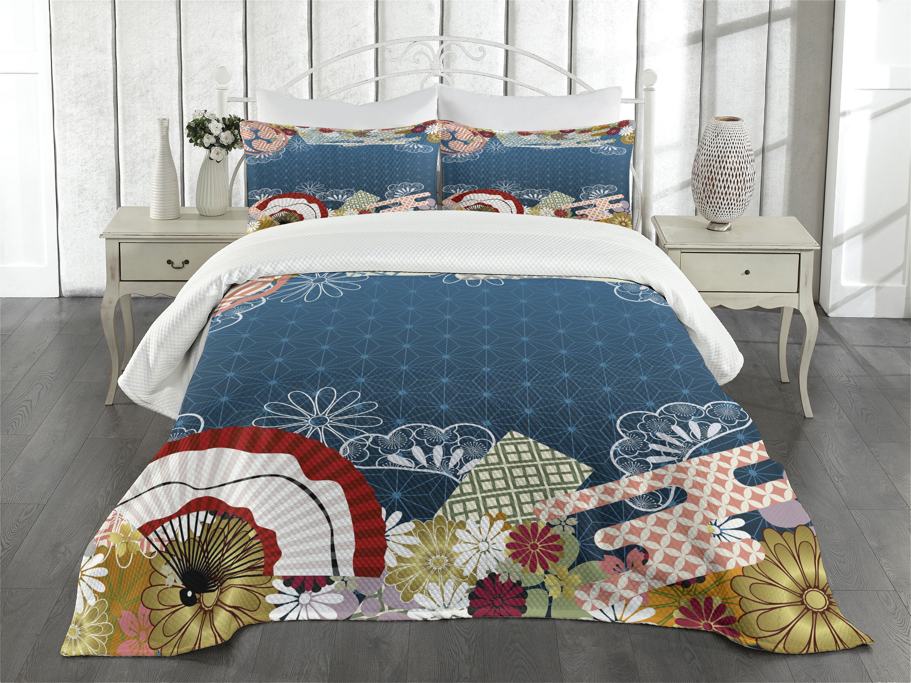 Ambesonne Japanese Quilted Bedspread Set 3 Pcs, Modern Flowers, Queen ...