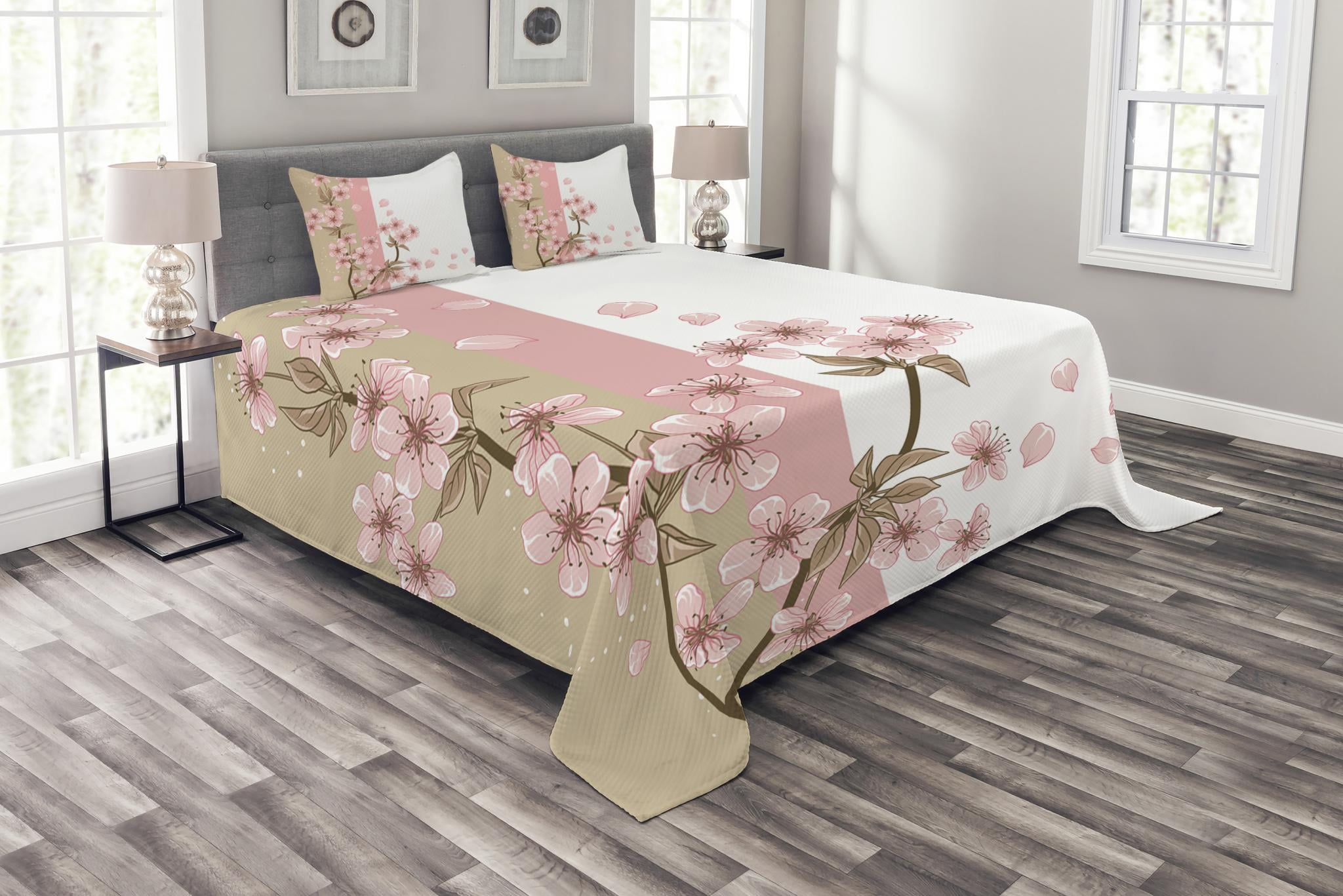 Ambesonne Japanese Quilted Bedspread Set 3 Pcs, Romantic Sakura Blooms ...