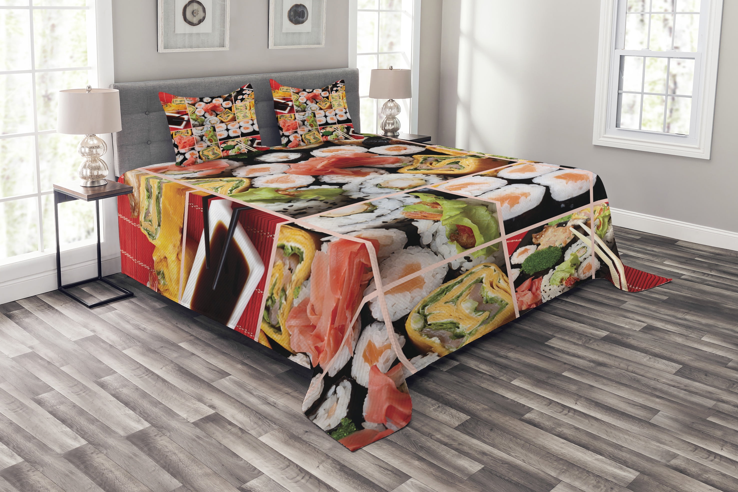 Ambesonne Japanese Quilted Bedspread Set 3 Pcs, Sushi Roll Colored ...