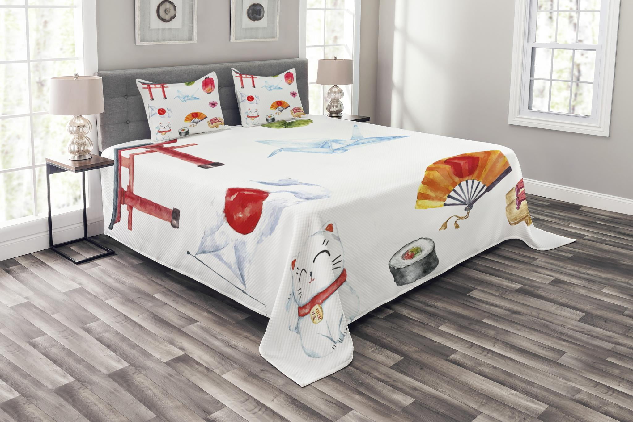 Ambesonne Japanese Quilted Bedspread Set 3 Pcs, Watercolors Asian Folk ...