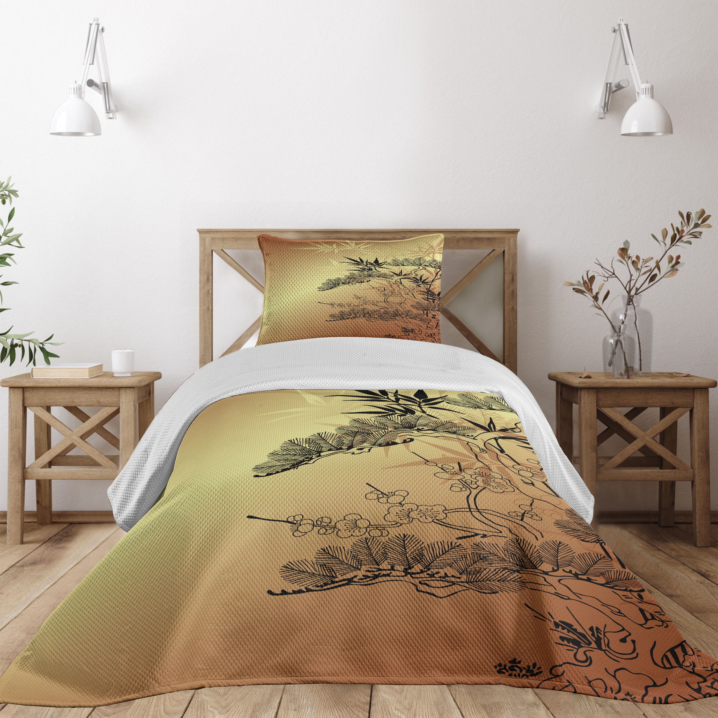 Ambesonne Japanese Quilted Coverlet 2 Pcs, Folk Sunset Ethnic Branch ...