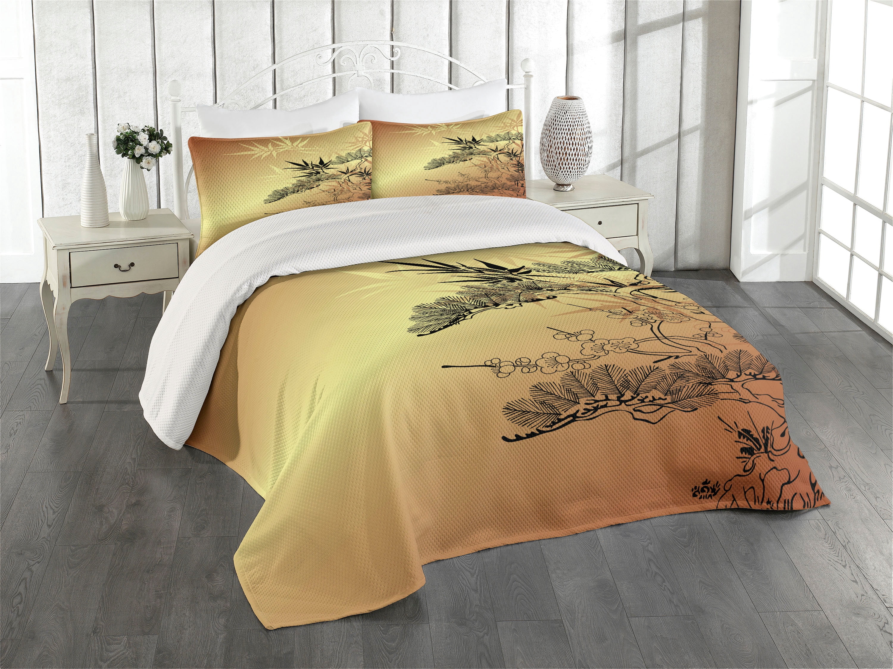 Ambesonne Japanese Quilted Coverlet 3 Pcs, Folk Sunset Ethnic Branch ...