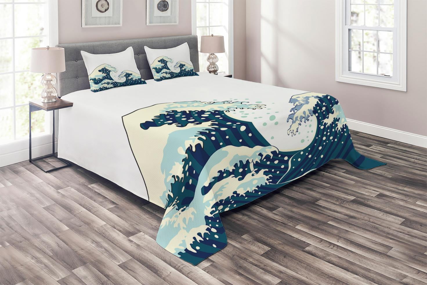 Ambesonne Japanese Quilted Coverlet 3 Pcs, Ocean Surfing Aquatic, King ...