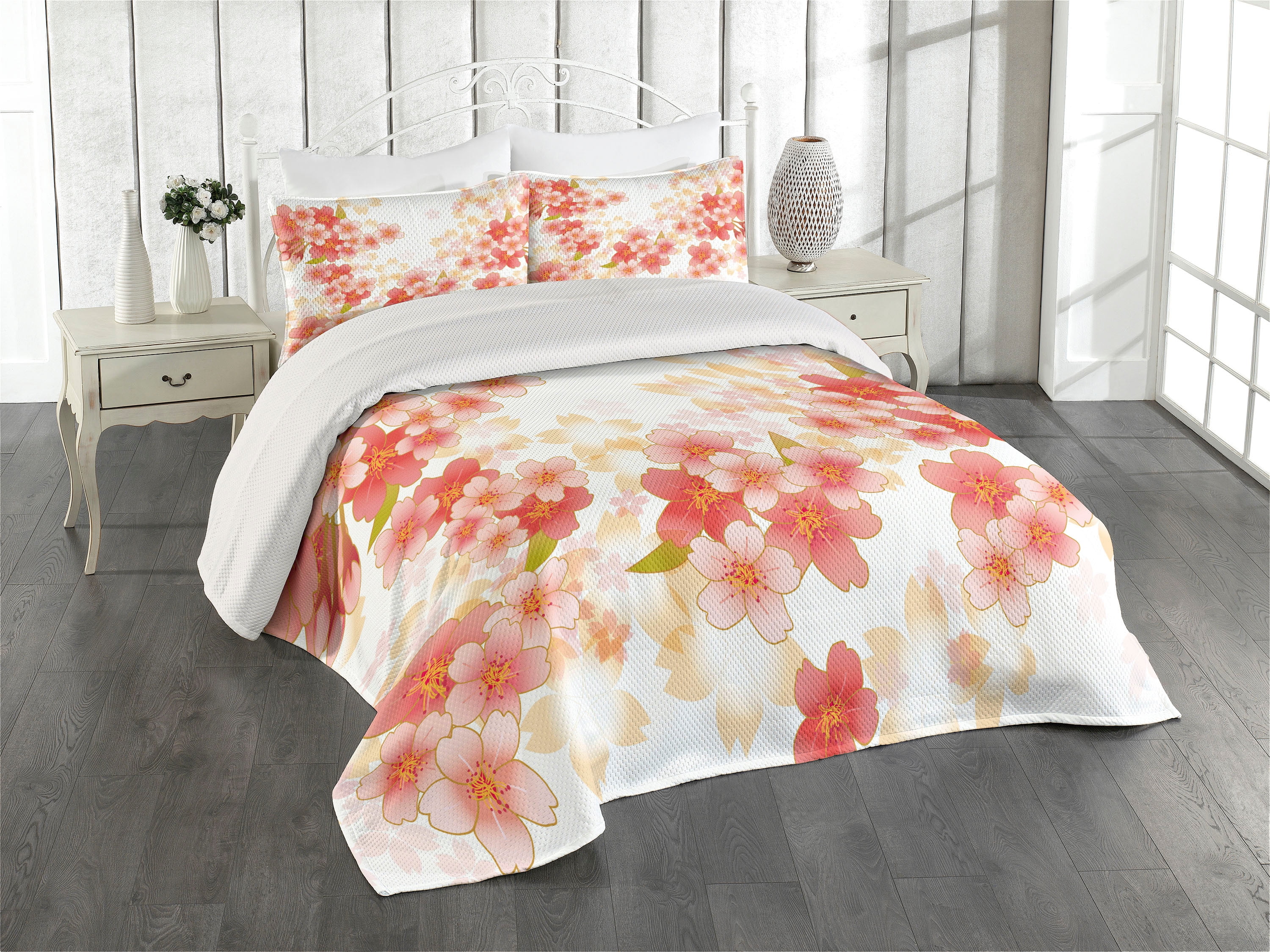 Ambesonne Japanese Quilted Coverlet 3 Pcs, Vibrant Sakura Flowers ...