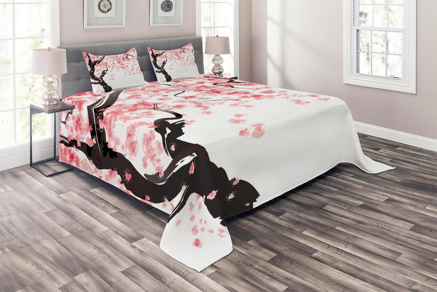 Ambesonne Japanese Quilted Coverlet 3 Pcs, Watercolor Effect Cherry ...