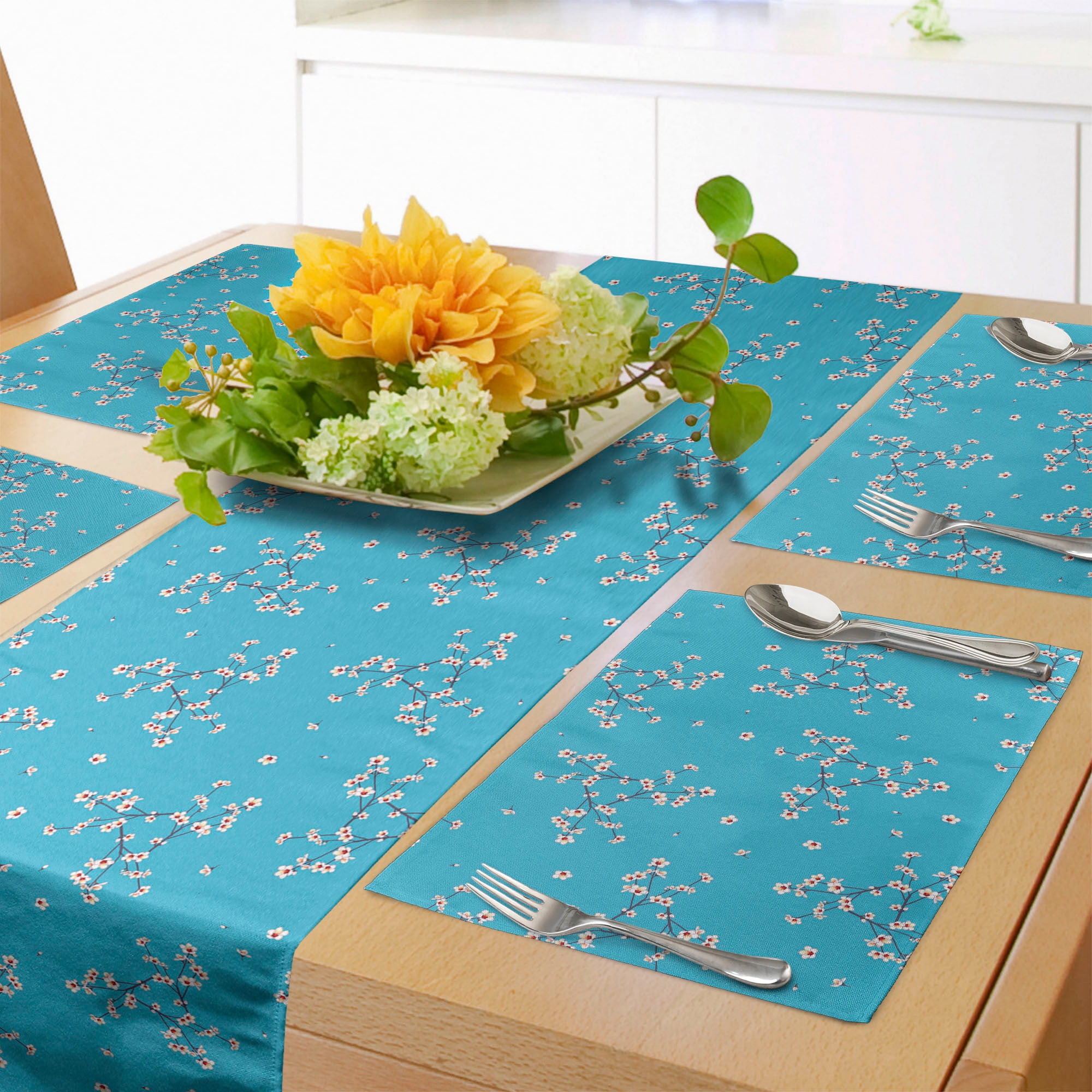 Ambesonne Japanese Sakura Table Runner & Placemats, Cherry Blossoms Art ...