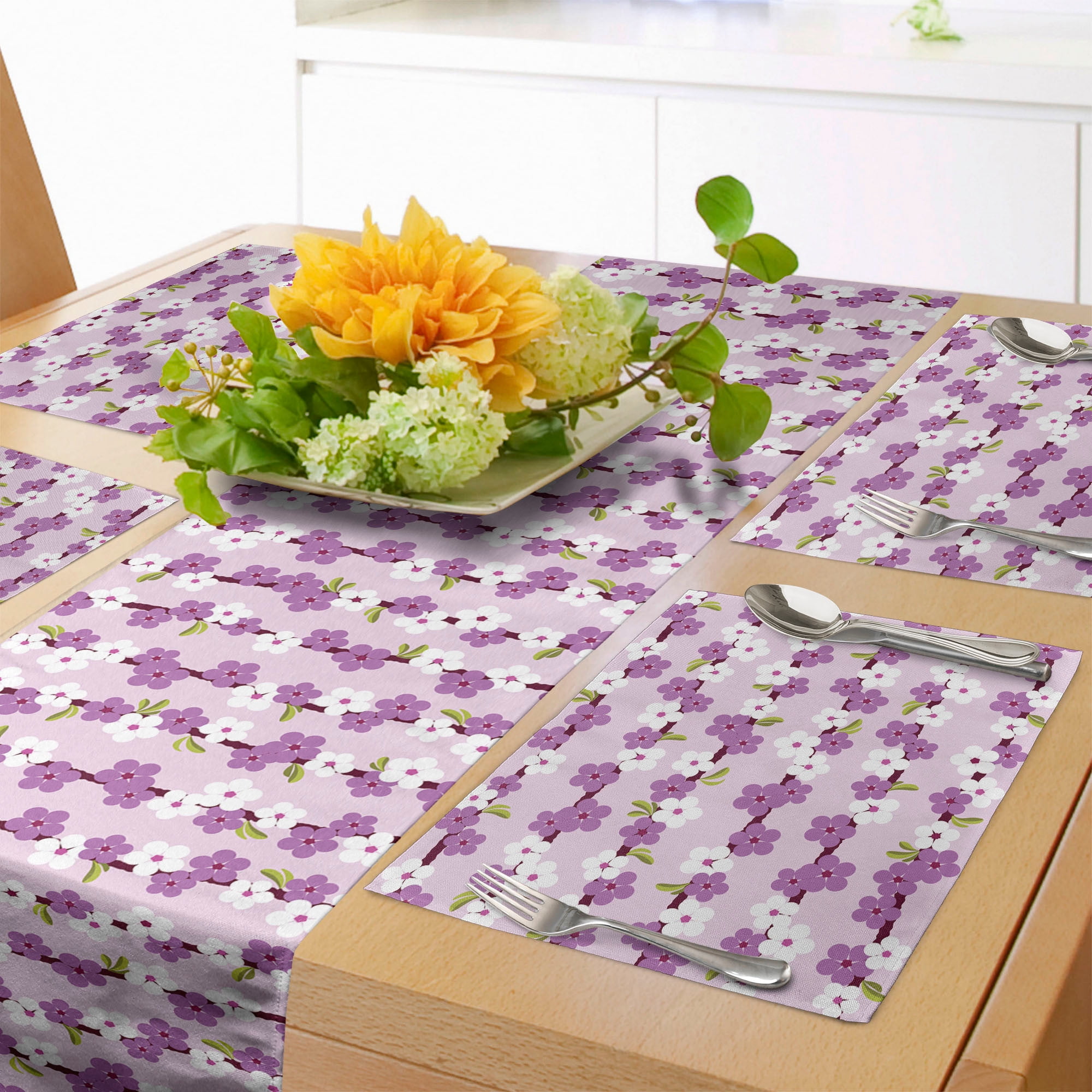 Ambesonne Japanese Table Runner & Placemats, Cherry Branches Bloom ...