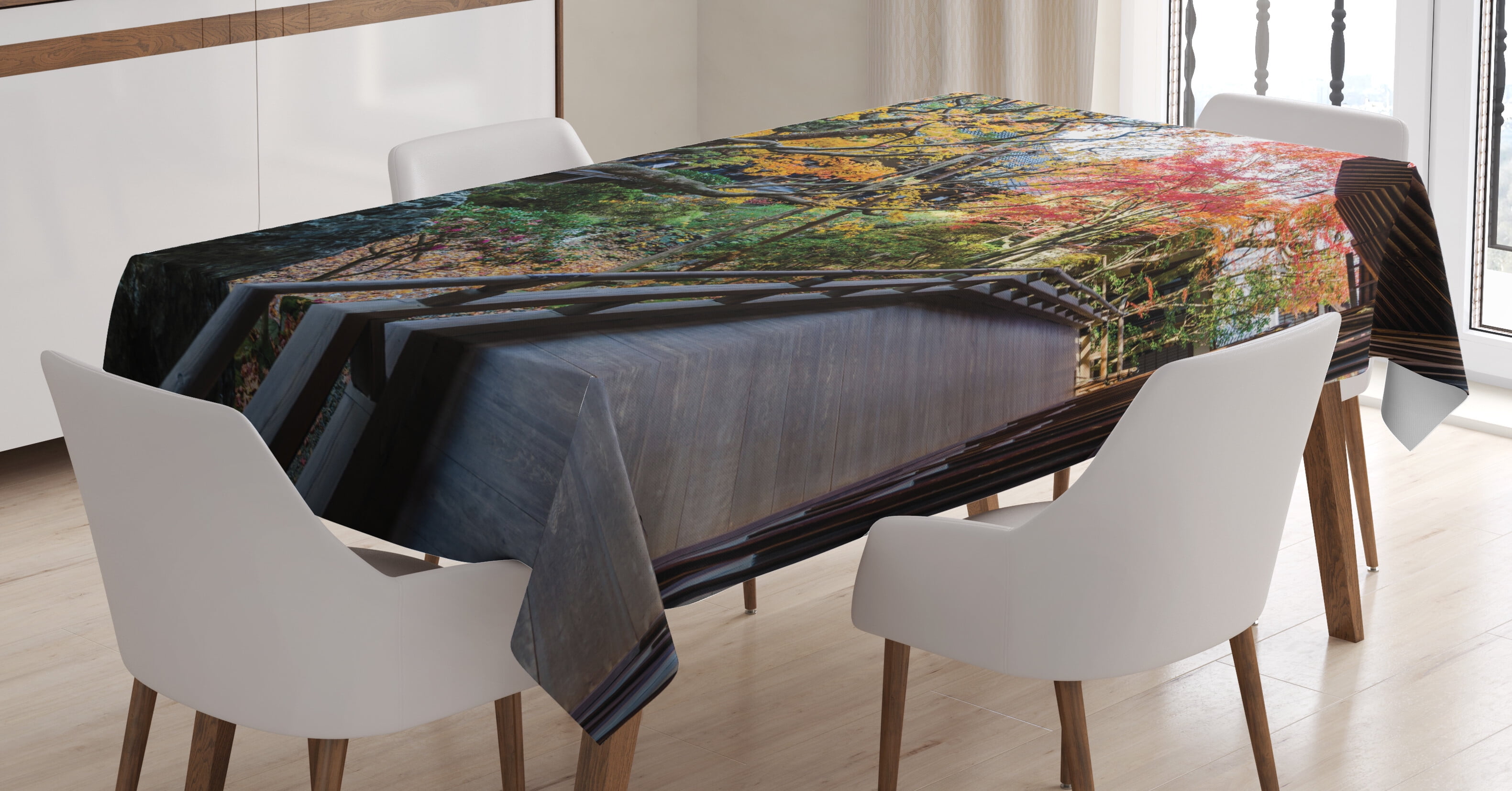 Ambesonne Japanese Tablecloth Rectangular Table Cover, Wooden Balcony ...